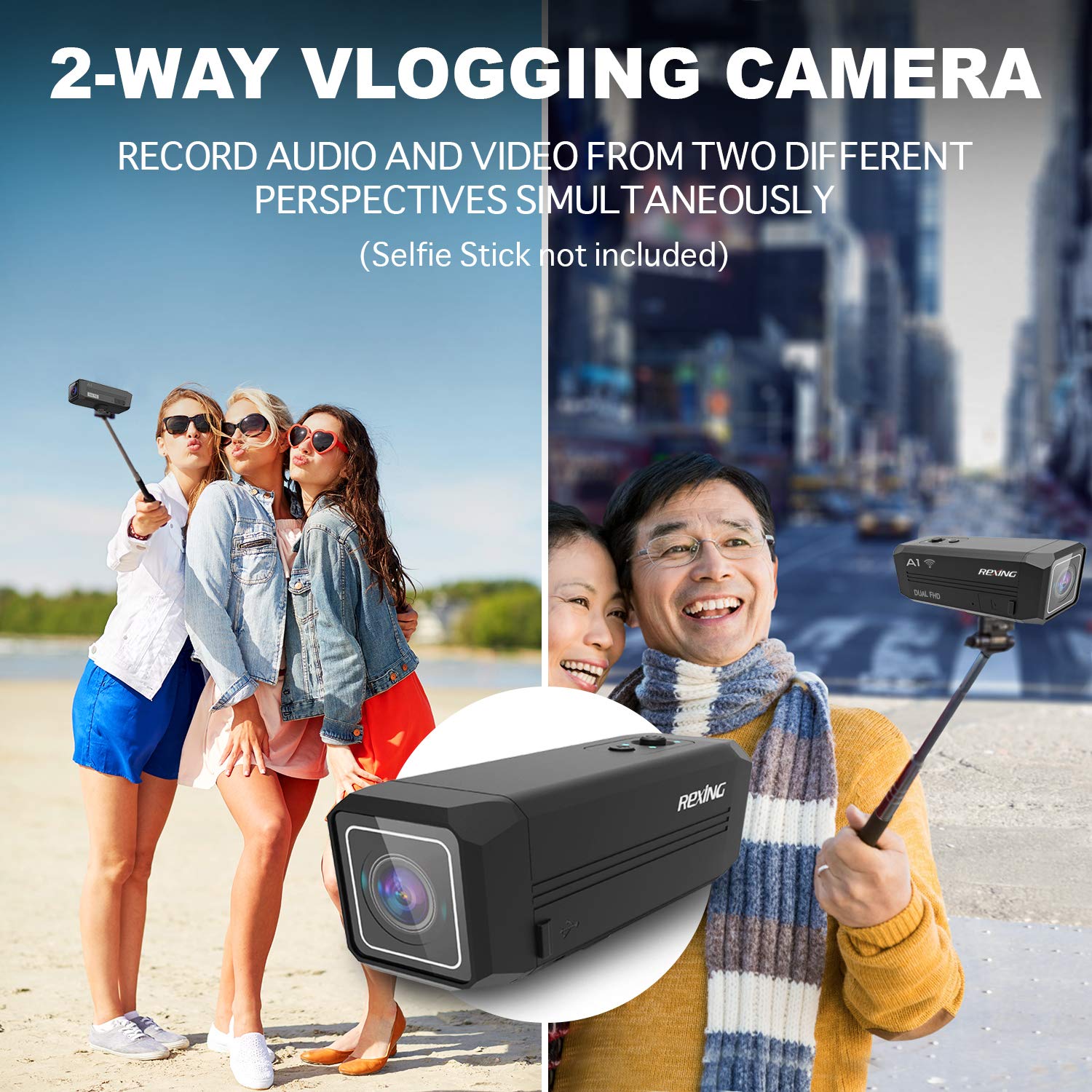RexingUSA A1 Two-Way Action Camera 1080p@30fps, Wi-Fi Connectivity, Broad View, Wrist Remote Control, IMX307 Sensor, Water-Resistant, Extreme Sports Camcorder for Motorcycles, Bicycles, Hiking, Cars