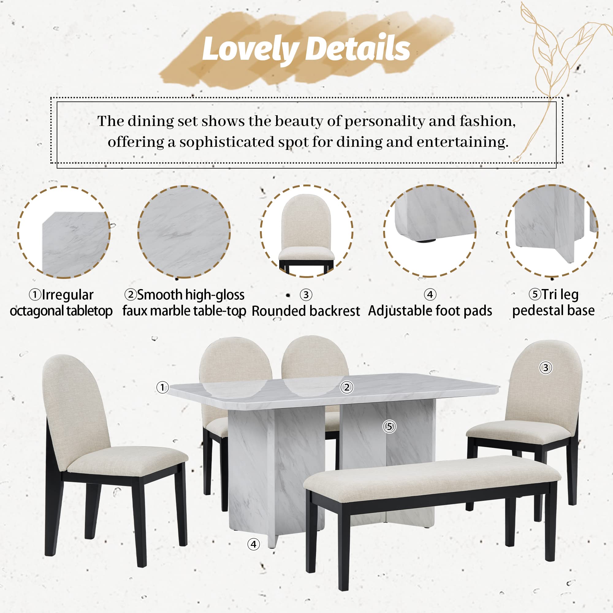 BIADNBZ Modern Style Dining Table Set for 6 with Faux Marble Tabletop and 4 Upholstered Chairs & 1 Bench, 6-Piece Family Kitchen Furniture, White
