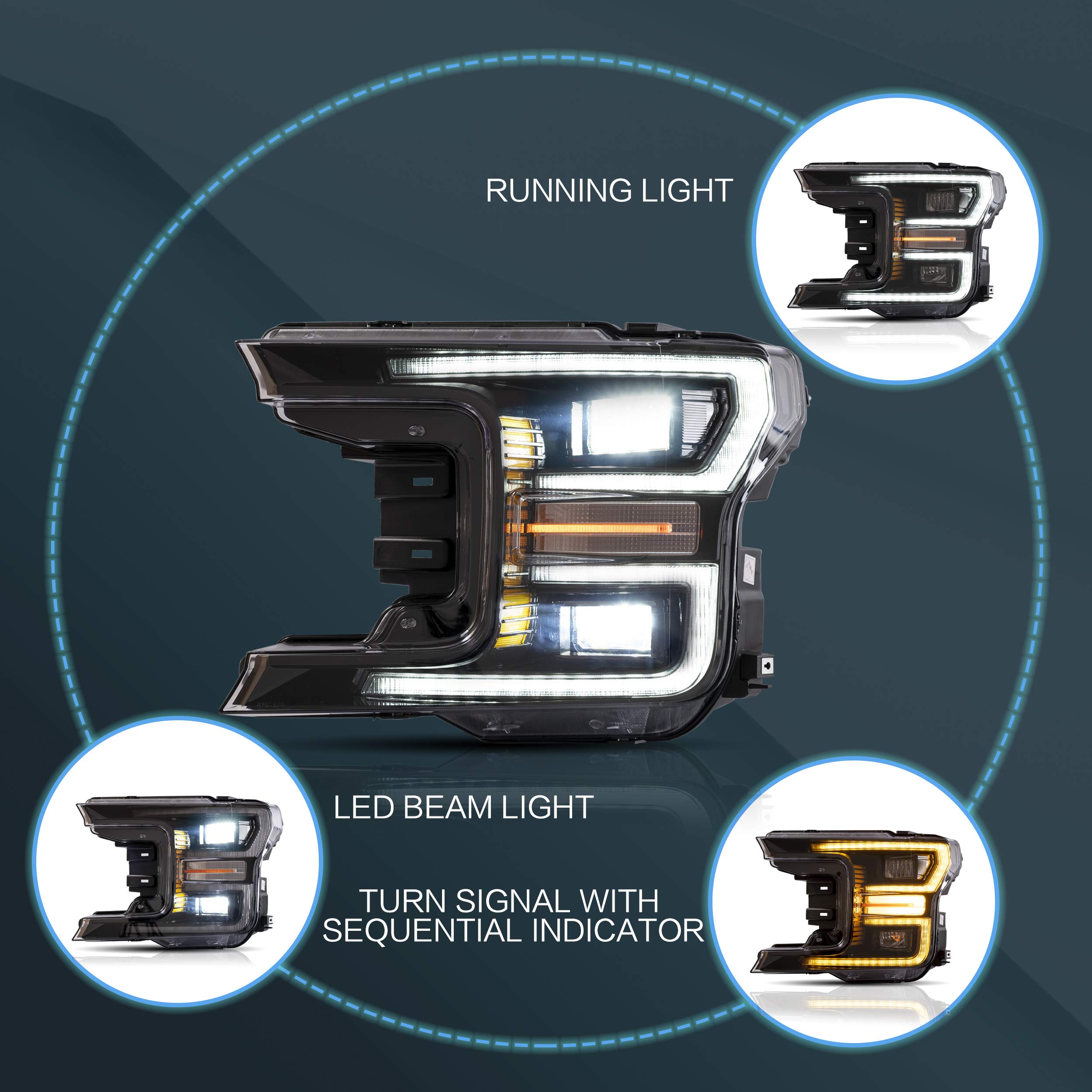 VLAND LED Headlight Assembly Fit for Ford F150 13th Gen 2018-2020, Plug-and-play, Black