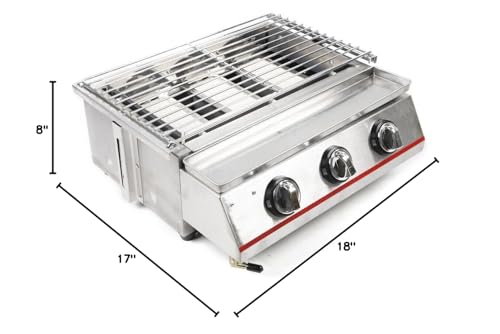 BBQ Portable Tabletop Gas Grill,3 Head Burner Stainless Steel Grill Outdoor,Smoke Free Stove Adjustable height LPG BBQ Grill Cooker,Indoor Best for Backyard Buffet Gourmet Kit