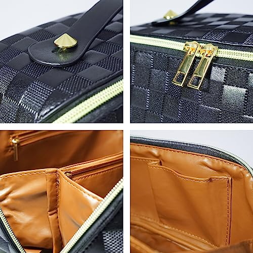 vhivhias Portable Checkered Makeup Bag Large Capacity Portable Travel Cosmetic Bag Opens Flat PU Leather Waterproof Black