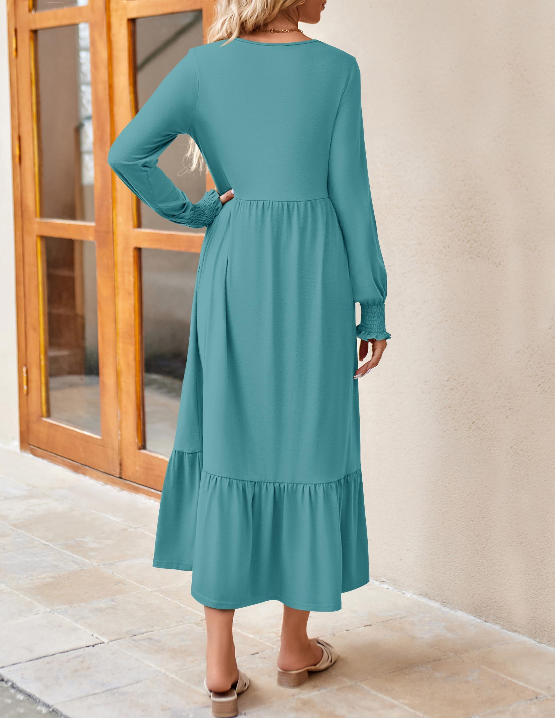 ZESICA Women's Spring Long Sleeve Dress 2025 Crewneck Casual Loose Pleated Tiered Swing Midi Dresses with Pockets,Sage,Medium