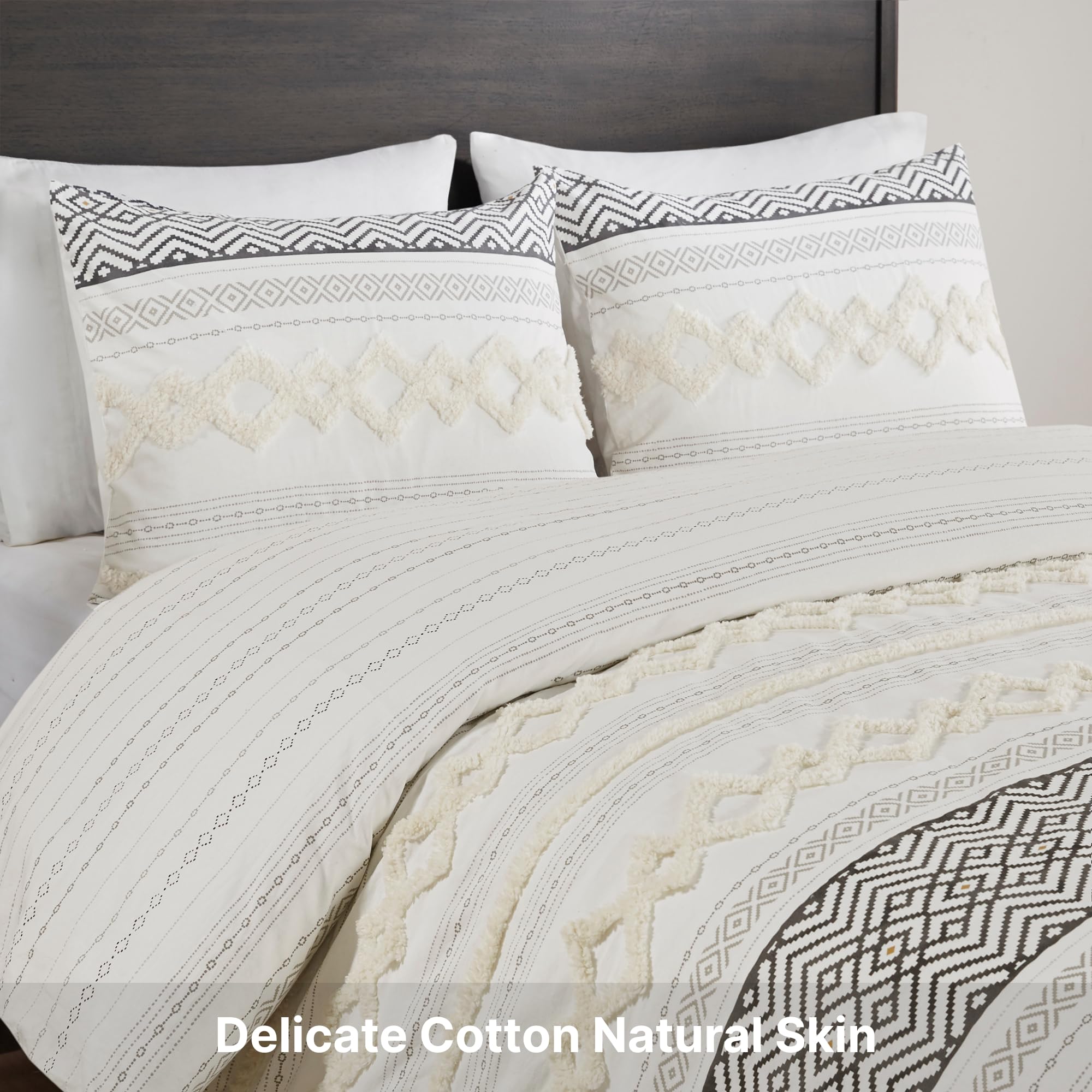 Hyde Lane 100% Cotton Ivory Boho Bedding Set King Size, Included Duvet Cover、Fitted Sheet、Flat Sheet 、Shams