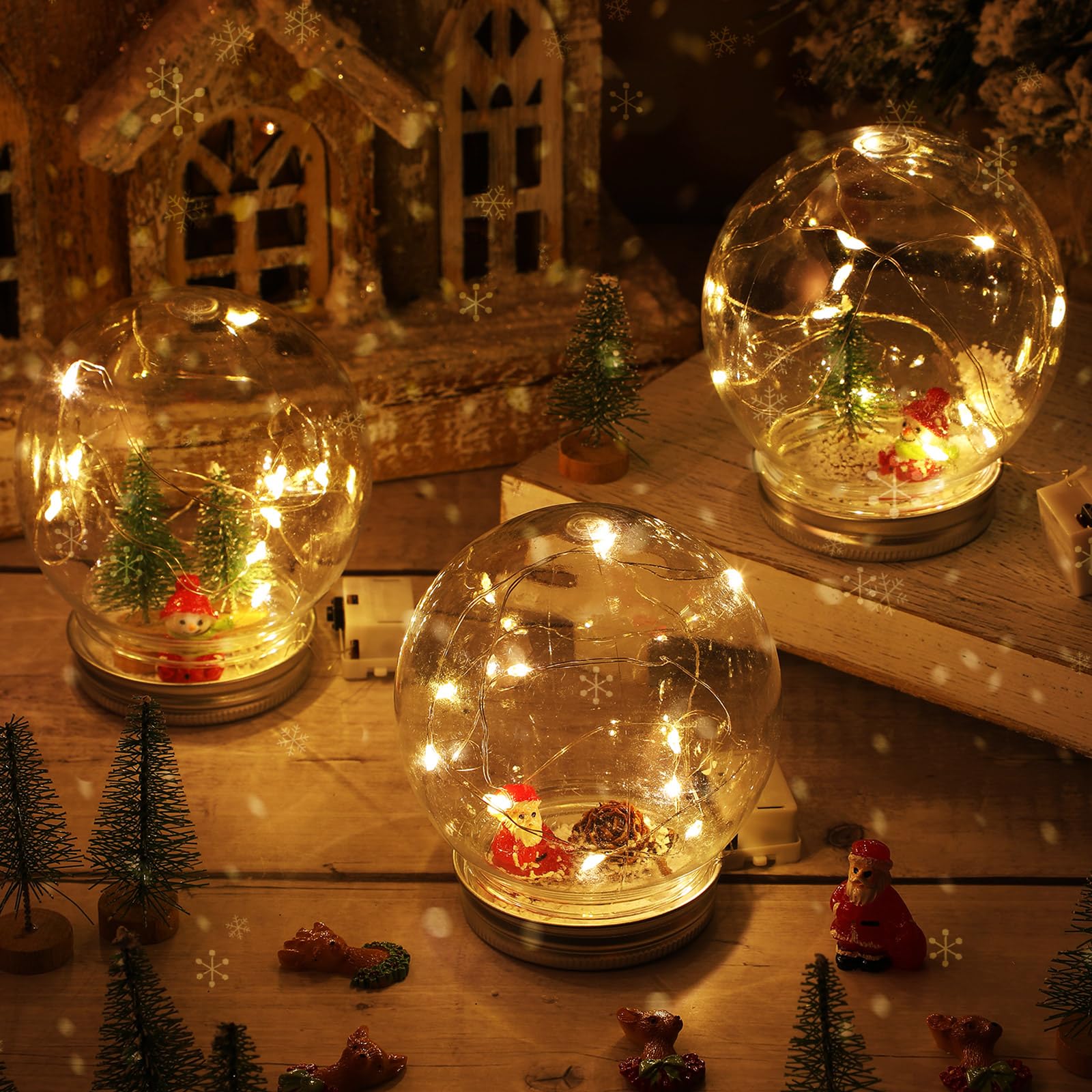 Liliful 16 Pack Christmas DIY Snow Globe Kit Including 3.58 Inch LED Plastic Snow Globe with Screw Off Cap Artificial Mini Christmas Tree Snowman Santa Deer Pine Cones and Lights