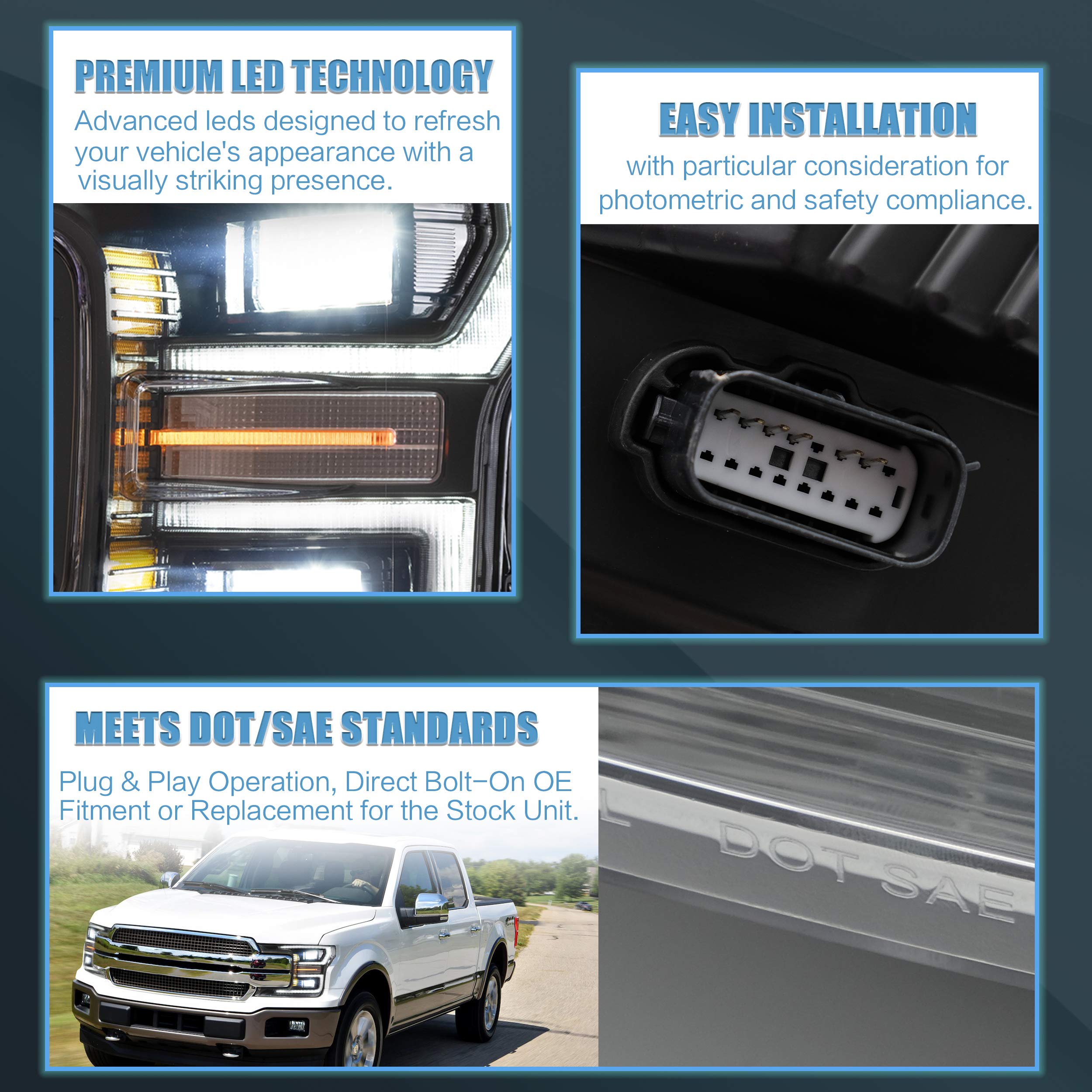 VLAND LED Headlight Assembly Fit for Ford F150 13th Gen 2018-2020, Plug-and-play, Black