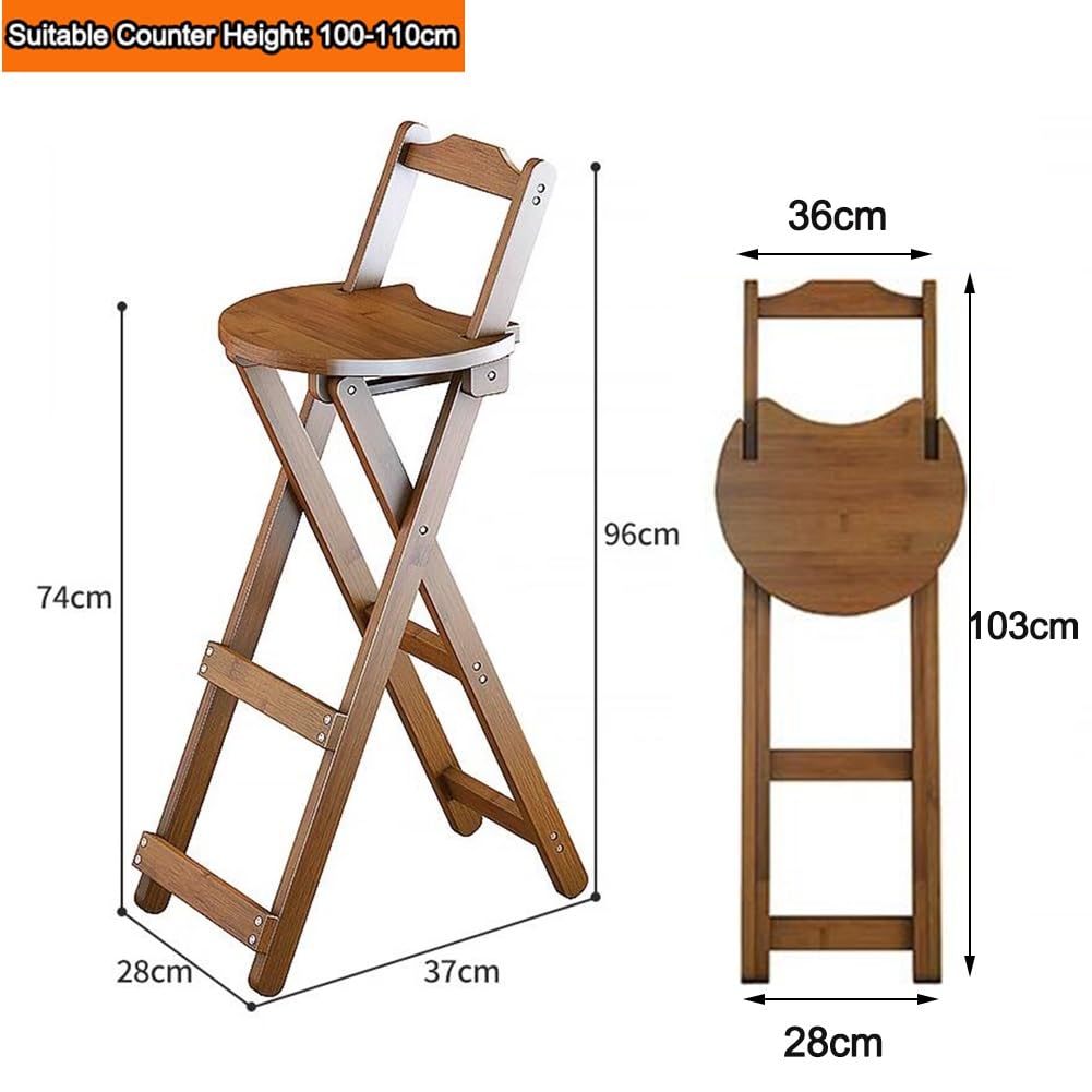29 inch Breakfast Folding Bar Stool, Bamboo Kitchen Stool with Backrest & Footrest, Portable High Chair for Home Garden Indoor Outdoor, 74cm Seat Height(Brown)
