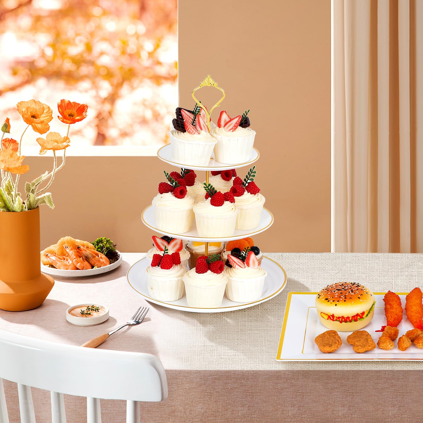 8PCS Cake Stand Set, Plastic Cupcake Stands with Gold Rim, 2PCS 3-Tired Cupcake Stands with 6PCS Serving Trays, Dessert Display Stands Set for Wedding Birthday Party Baby Shower,Tea Party Decorations