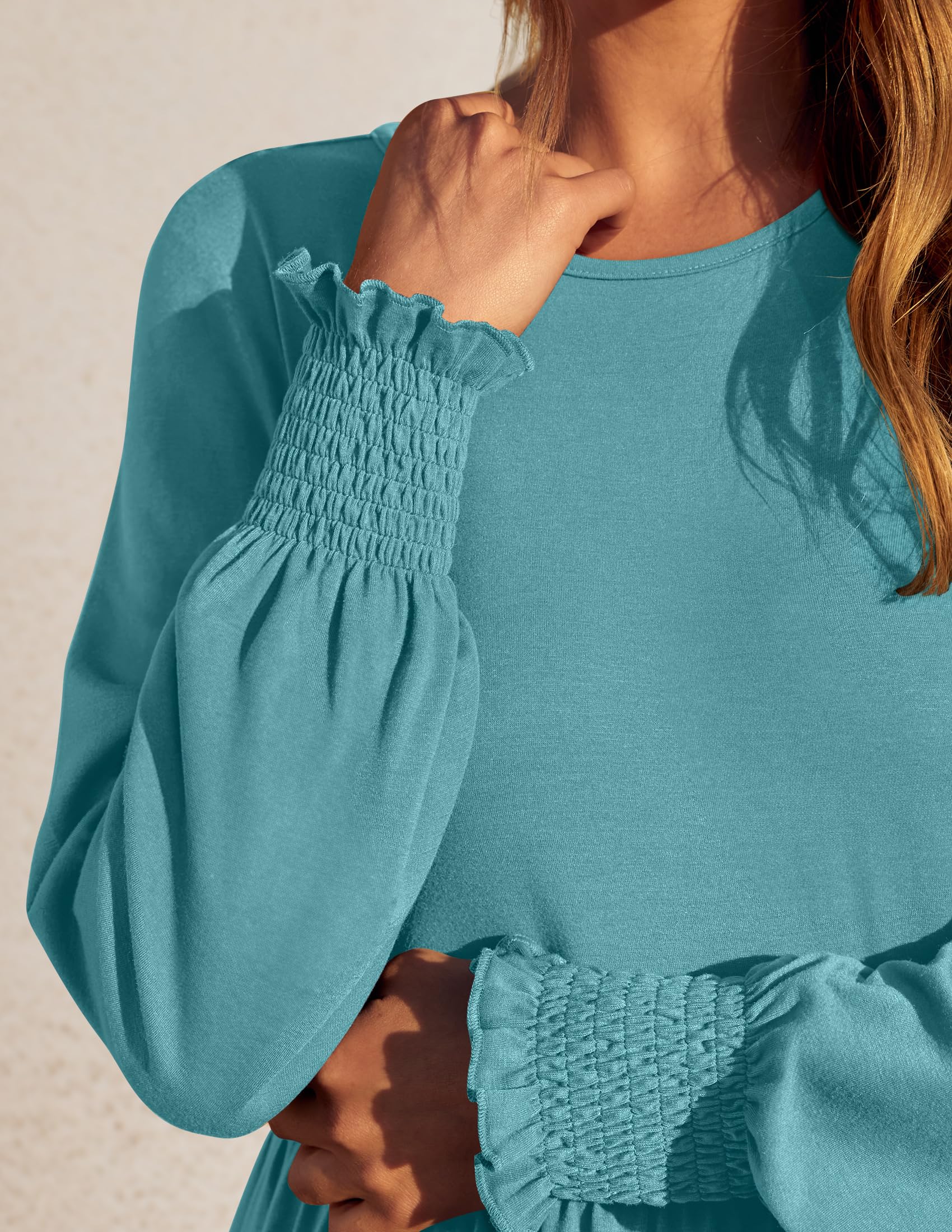ZESICA Women's Spring Long Sleeve Dress 2025 Crewneck Casual Loose Pleated Tiered Swing Midi Dresses with Pockets,Sage,Medium