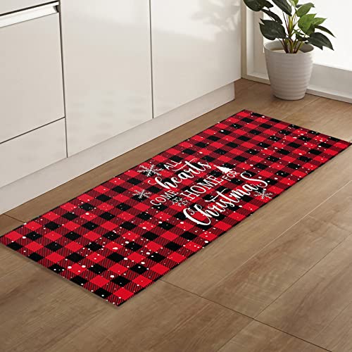 Kitchen Mats fo Floor, All Hearts Come Home for Christmas Red and Black Plaid Backed Rubber Dots Rugs,Non Slip,Absorbant Runner Rugs for Hallway Entryway,Kitchen,Laundry 1 pcs 18x47.2 Inch