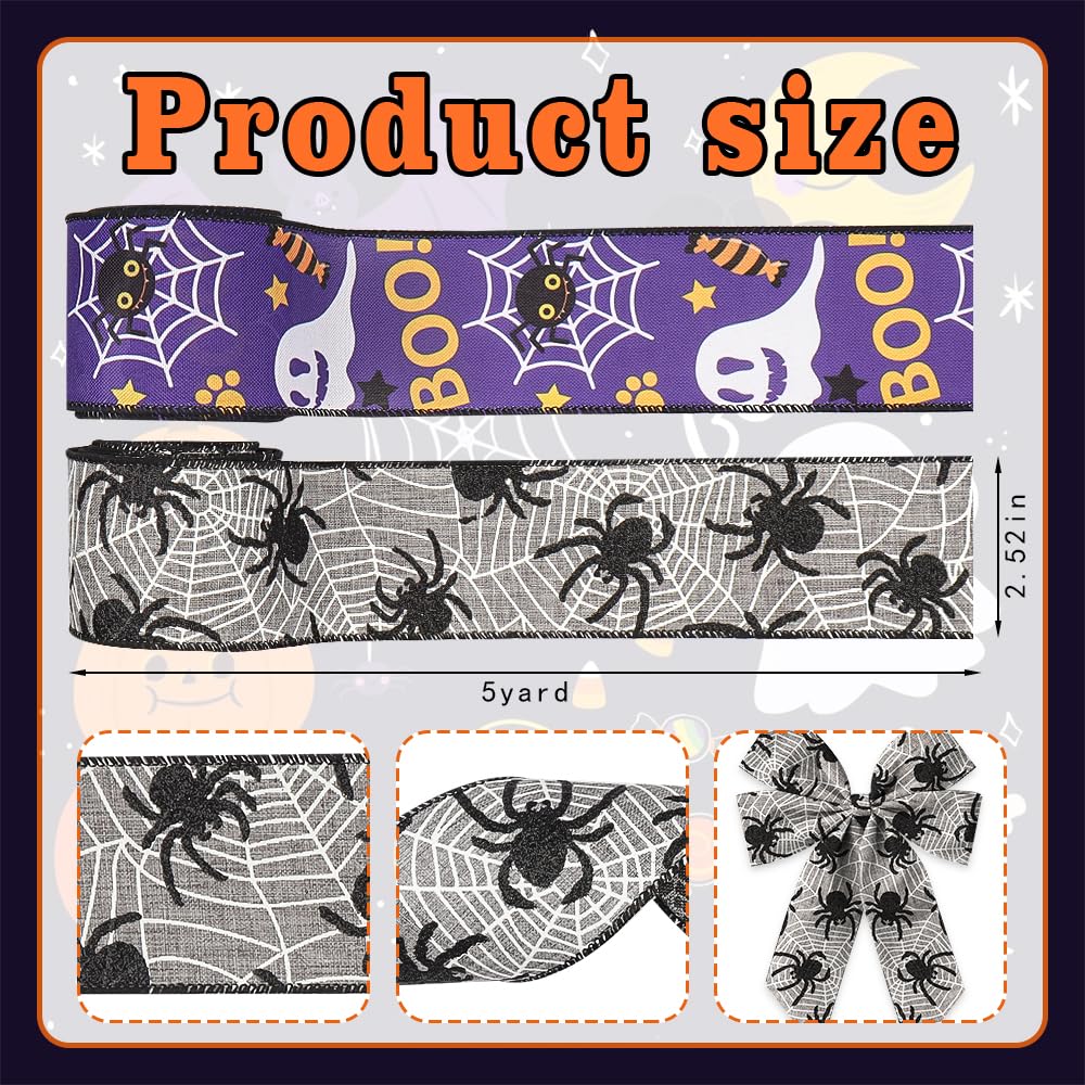 Hying 2 Rolls Halloween Ribbon for Wreath Bows Wrapping Gifts, Black Purple Spider Ribbons for Gift Wrapping Halloween Party Decoration DIY Crafts 2.5" X 10 Yards Spider Web Ghost Wired Edge Ribbon