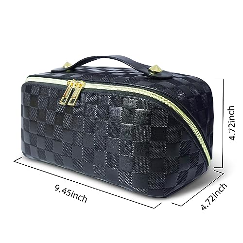 vhivhias Portable Checkered Makeup Bag Large Capacity Portable Travel Cosmetic Bag Opens Flat PU Leather Waterproof Black