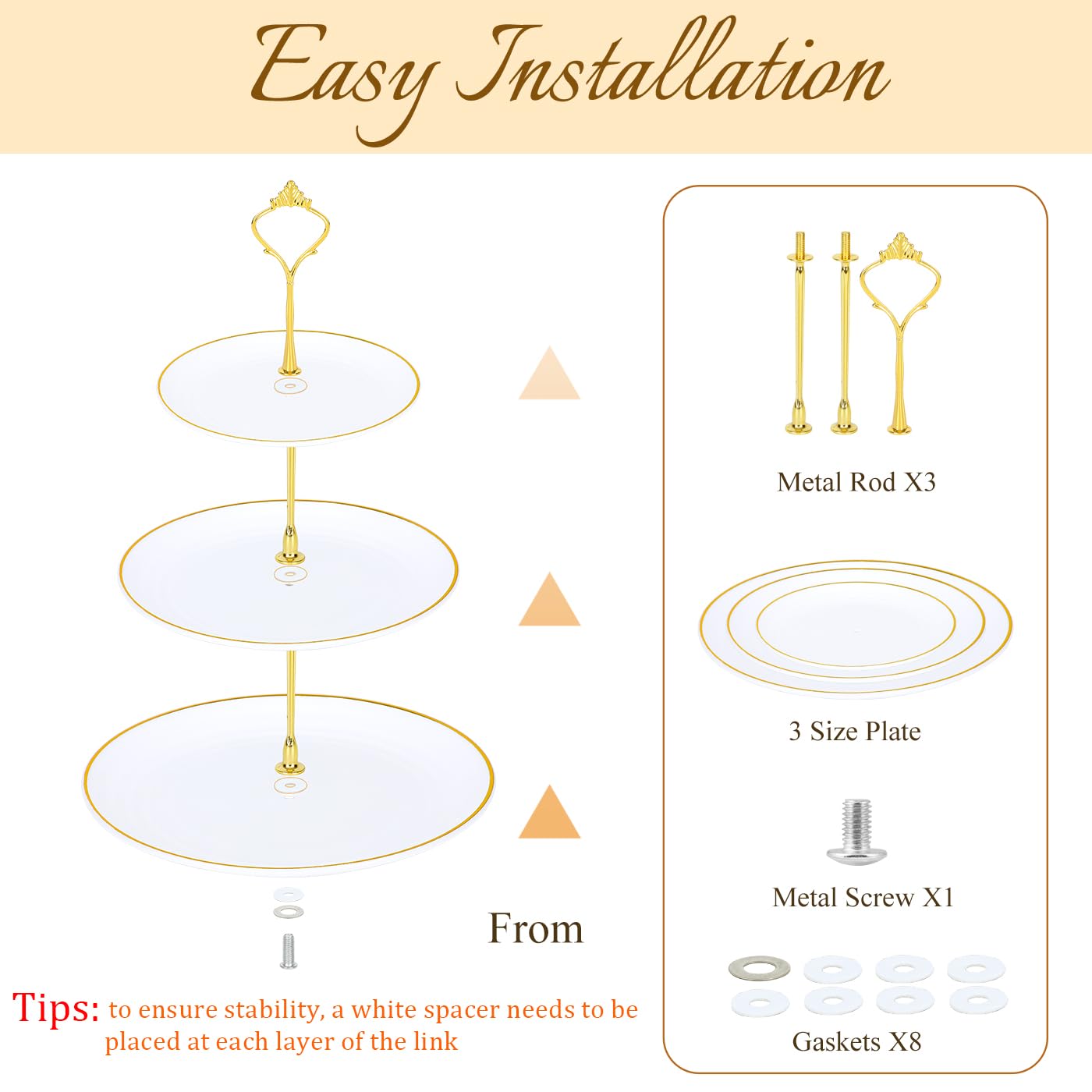 8PCS Cake Stand Set, Plastic Cupcake Stands with Gold Rim, 2PCS 3-Tired Cupcake Stands with 6PCS Serving Trays, Dessert Display Stands Set for Wedding Birthday Party Baby Shower,Tea Party Decorations