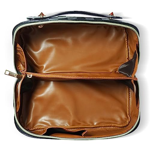 vhivhias Portable Checkered Makeup Bag Large Capacity Portable Travel Cosmetic Bag Opens Flat PU Leather Waterproof Black