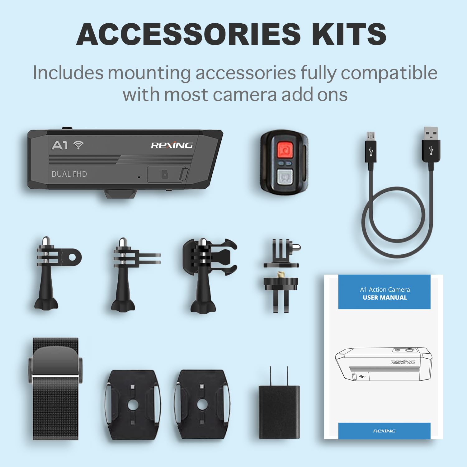 RexingUSA A1 Two-Way Action Camera 1080p@30fps, Wi-Fi Connectivity, Broad View, Wrist Remote Control, IMX307 Sensor, Water-Resistant, Extreme Sports Camcorder for Motorcycles, Bicycles, Hiking, Cars