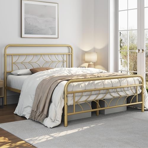 Yaheetech Full Size Bed Frame Metal Platform Bed with Sparkling Star-Inspired Design Headboard, 13 Inch Underbed Storage, No Box Spring Needed, Easy Assembly, Modern, Antique Gold