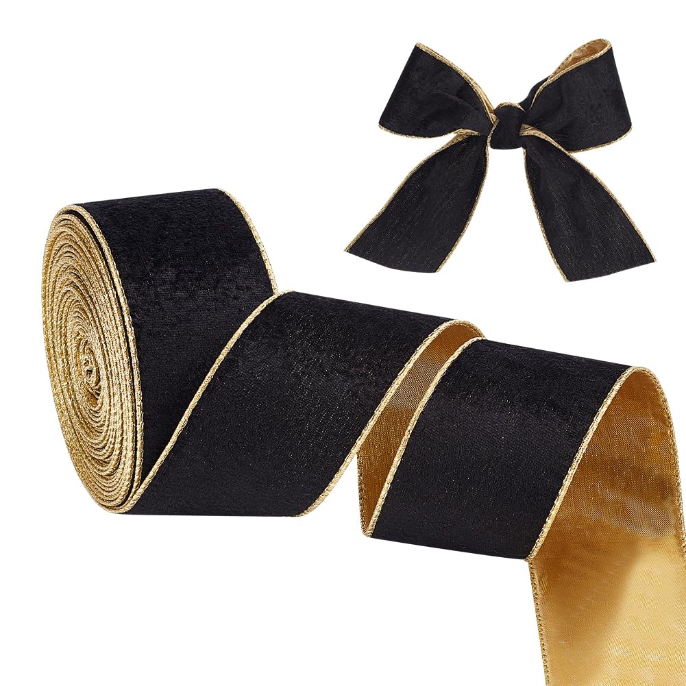 OLYCRAFT 10 Yards Velvet Wired Ribbon 2.5 Inch Black Gold Soft Velvet Ribbon Wired Black Flat Cotton Ribbons with Gold Backing for Gift Wrapping DIY Crafts Bouquet Decorations
