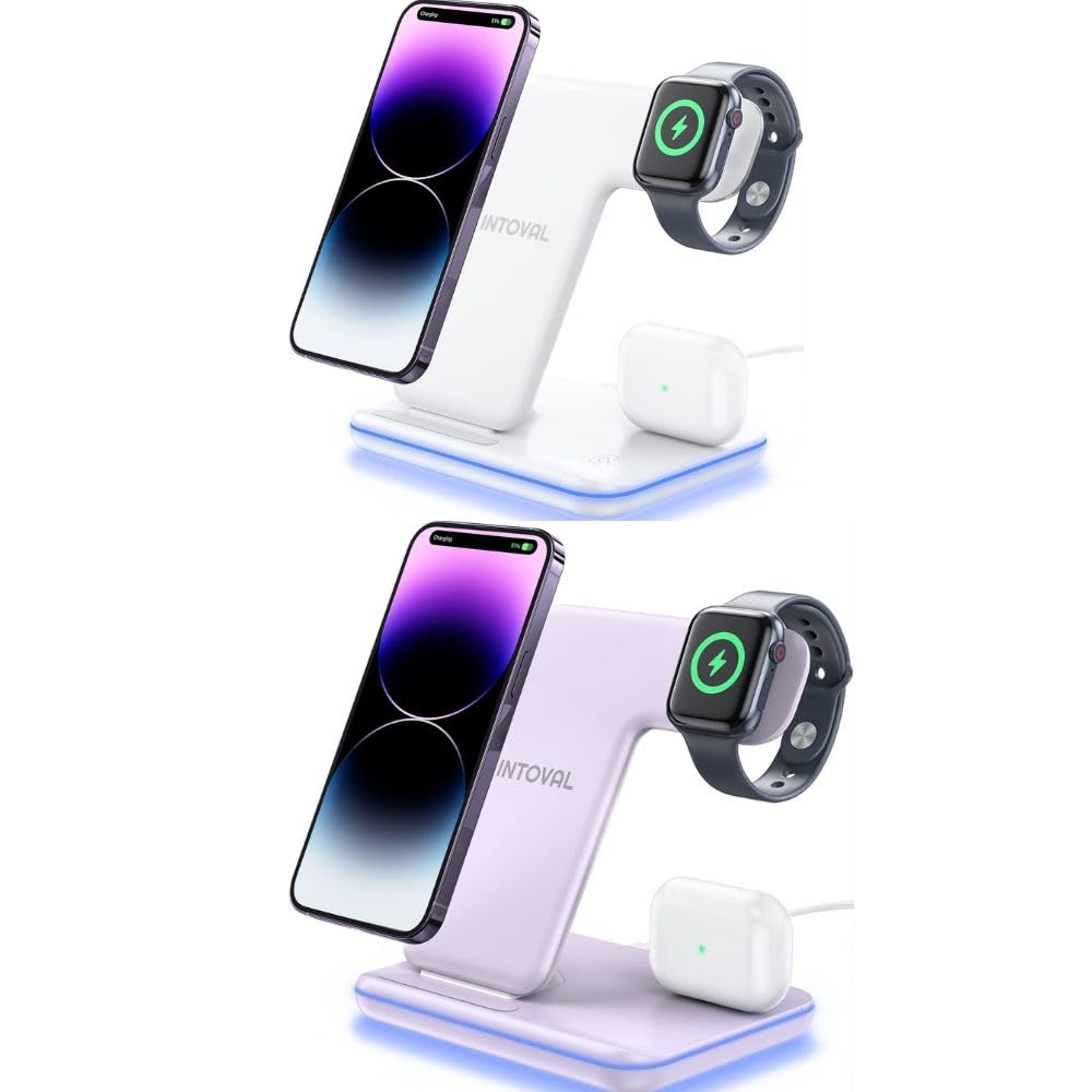 Intoval Charging Station for Apple iPhone/iWatch/Airpods, 3 in 1 Wireless Charger for iPhone 14/13/12/11/XS/XR/XS/X/8, iWatch 8/Ultra/7/6/SE/5/4/3/2, Airpods Pro2/Pro1/3/2/1 (White+Lilac Purple)
