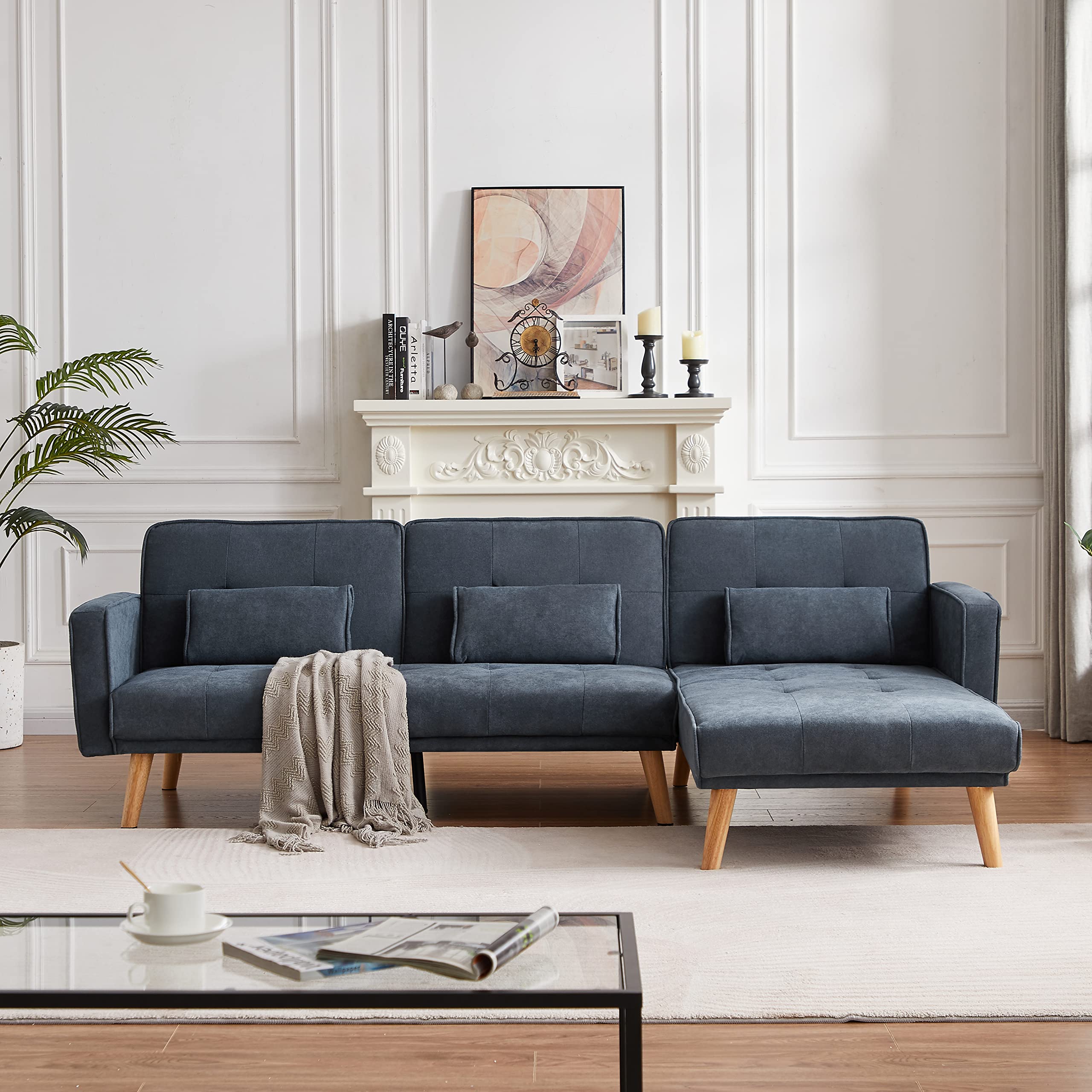 Eafurn L-Shaped Convertible Sectional Sofa with Chaise Lounge and Adjustable Spilt Backrest,3 Seater Soft Velvet Sleeper Couch Bed with Wooden Legs,Tufted Corner Sofa & Couch with Throw Pillows