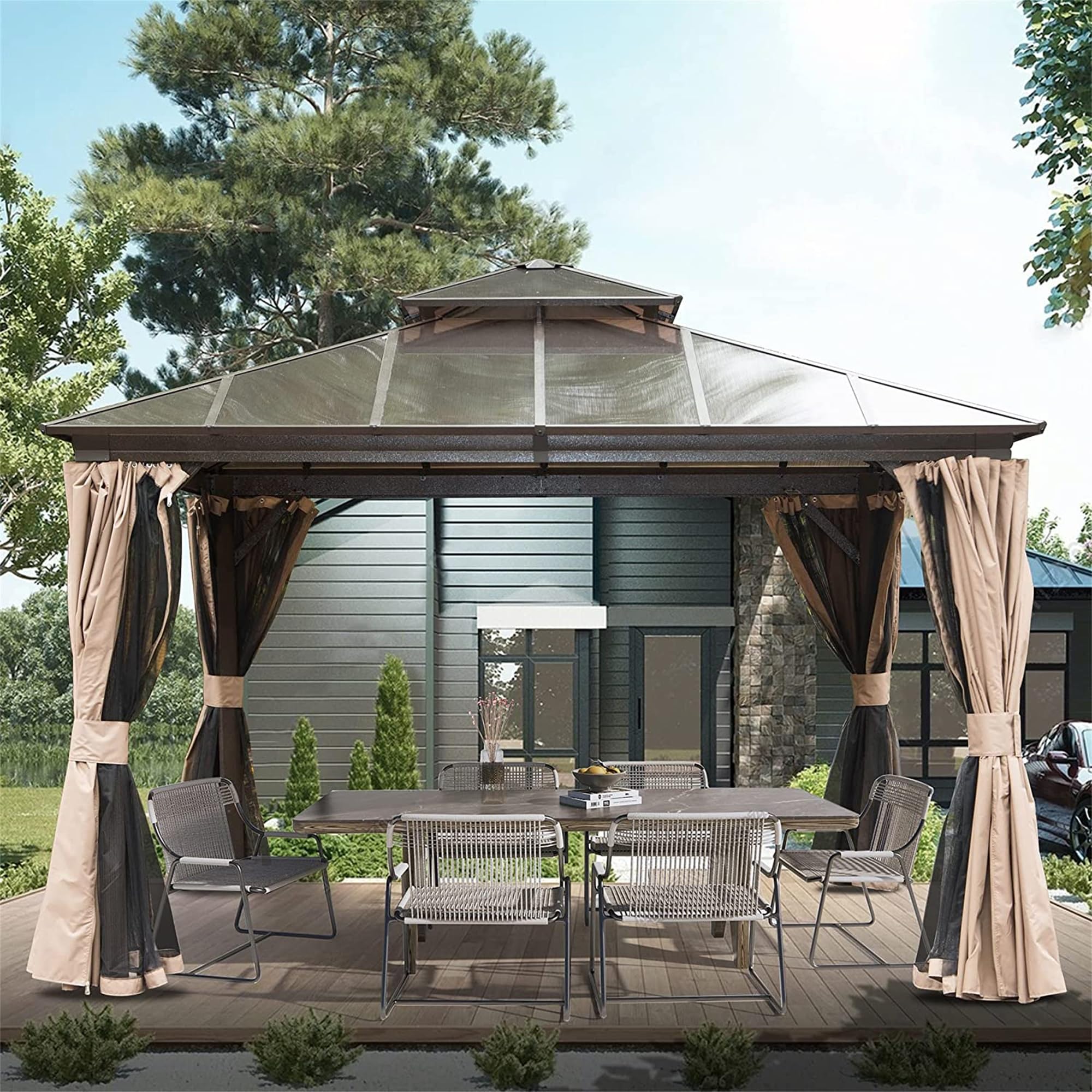 DHPM 12'x12' Hardtop Gazebo, Outdoor Polycarbonate Double Roof Canopy, Aluminum Frame Permanent Pavilion with Curtains and Netting, Sunshade for Garden, Patio, Lawns