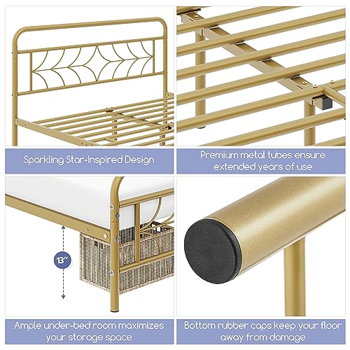 Yaheetech Full Size Bed Frame Metal Platform Bed with Sparkling Star-Inspired Design Headboard, 13 Inch Underbed Storage, No Box Spring Needed, Easy Assembly, Modern, Antique Gold
