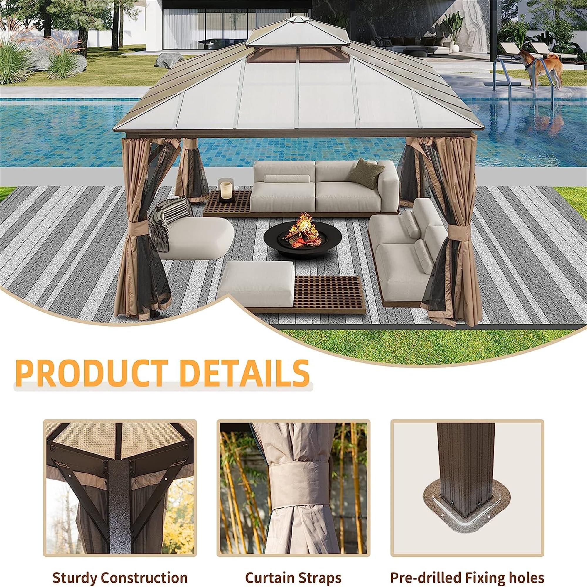 DHPM 12'x12' Hardtop Gazebo, Outdoor Polycarbonate Double Roof Canopy, Aluminum Frame Permanent Pavilion with Curtains and Netting, Sunshade for Garden, Patio, Lawns