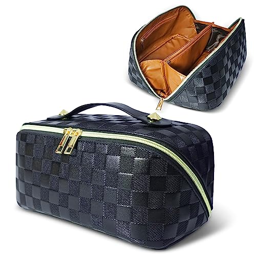 vhivhias Portable Checkered Makeup Bag Large Capacity Portable Travel Cosmetic Bag Opens Flat PU Leather Waterproof Black