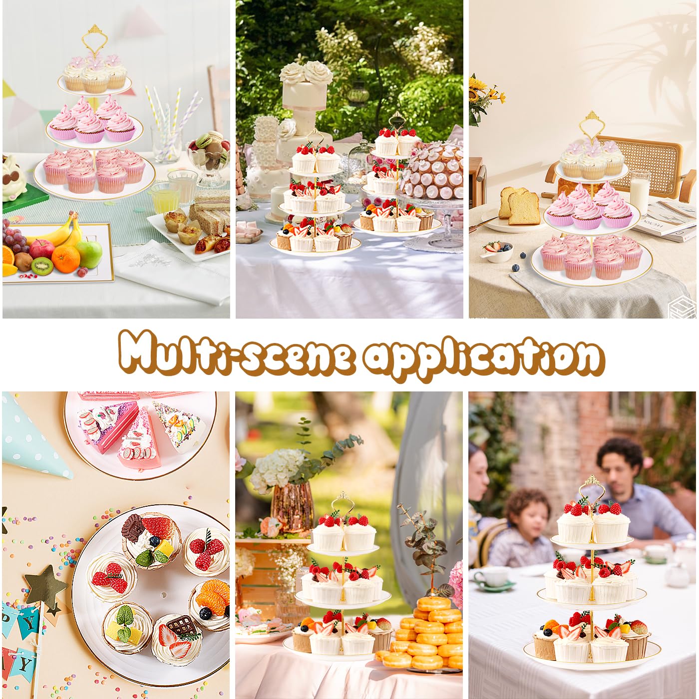 8PCS Cake Stand Set, Plastic Cupcake Stands with Gold Rim, 2PCS 3-Tired Cupcake Stands with 6PCS Serving Trays, Dessert Display Stands Set for Wedding Birthday Party Baby Shower,Tea Party Decorations