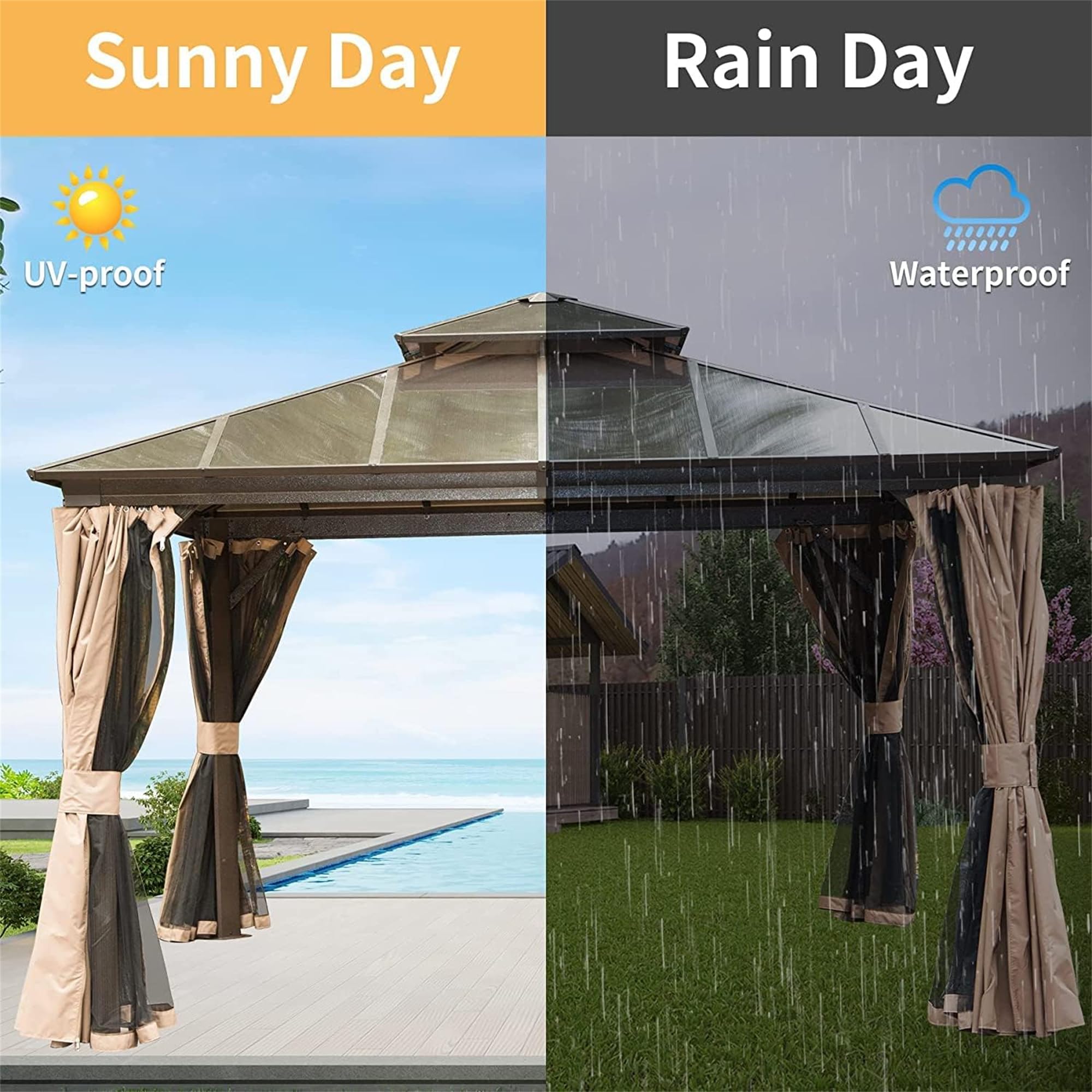 DHPM 12'x12' Hardtop Gazebo, Outdoor Polycarbonate Double Roof Canopy, Aluminum Frame Permanent Pavilion with Curtains and Netting, Sunshade for Garden, Patio, Lawns