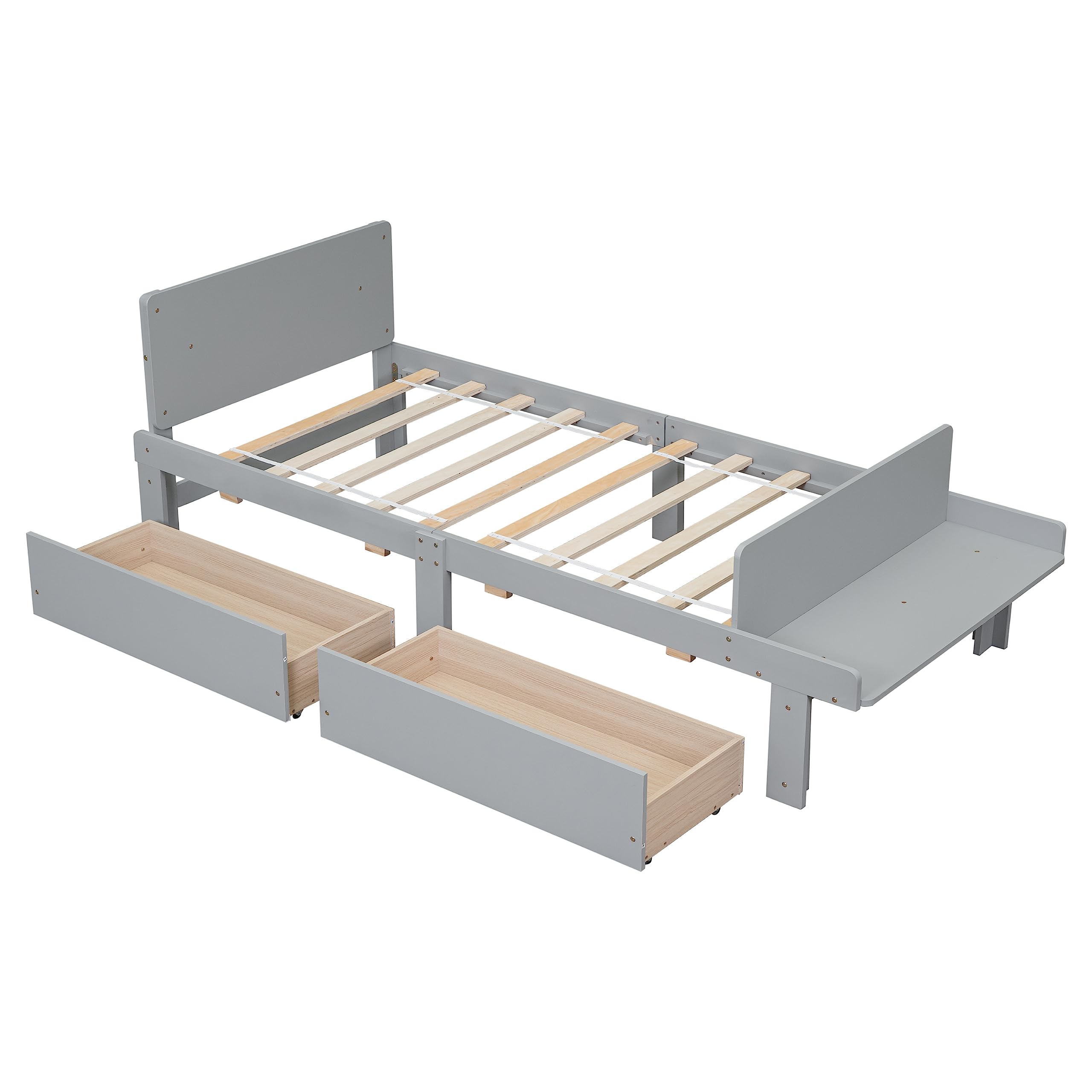 Twin Bed Frame, Wood Platform Bed with Storage, Twin Size Bed Frames with Wood Slat Support for Kids, No Box Spring Needed, Gray
