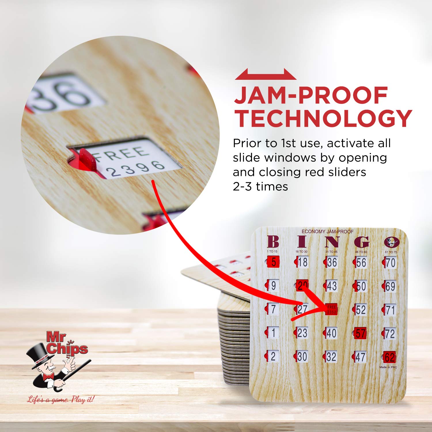 MR CHIPS Jam-Proof Bingo Cards with Sliding Windows 200 Pack Plus Calling Deck of Cards