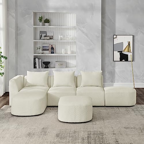 HomSof 5 Seat L Shape Sectional Sofa with Left Side Chaise and Ottoman, Modular Sofa, DIY Combination, Loop Yarn Fabric, Beige