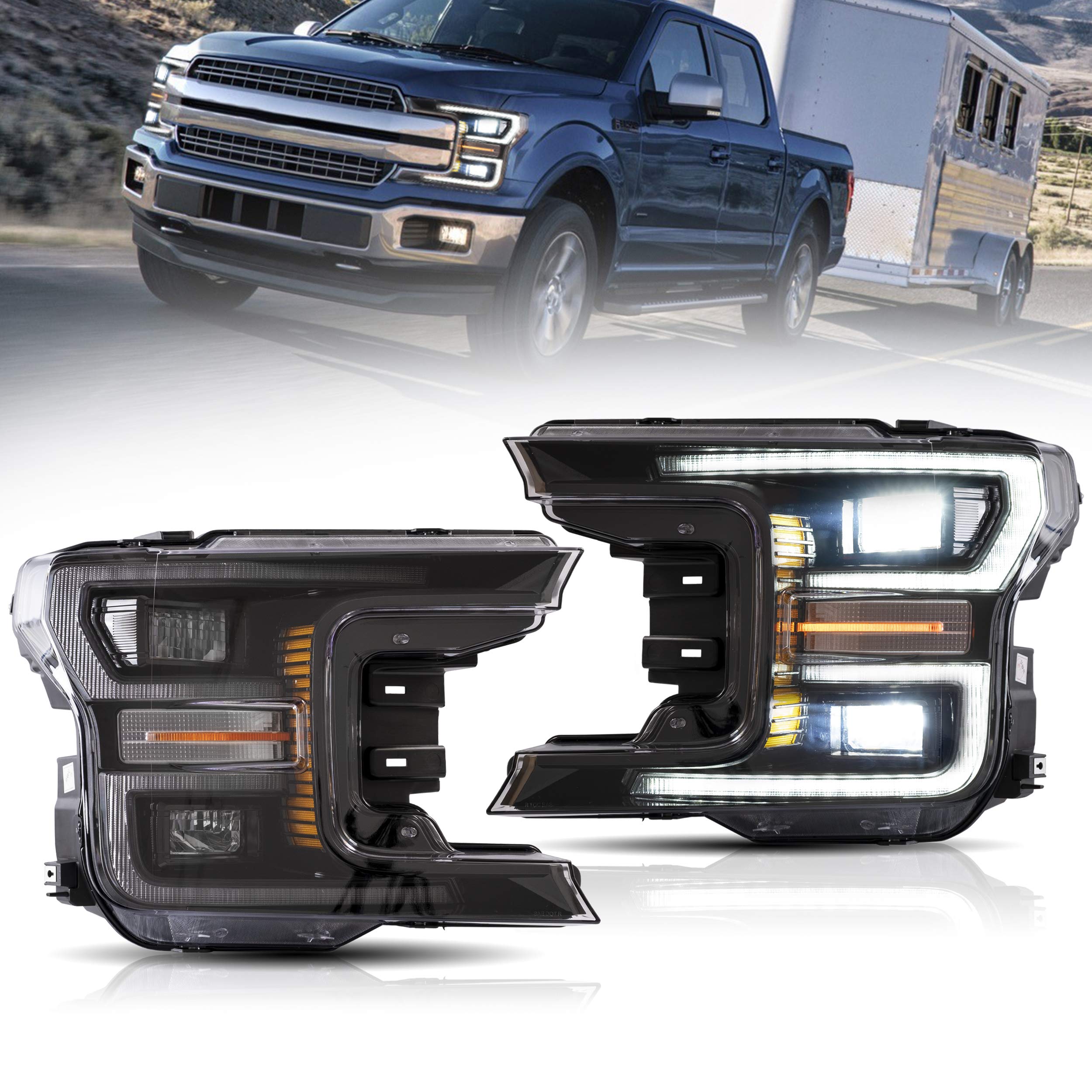 VLAND LED Headlight Assembly Fit for Ford F150 13th Gen 2018-2020, Plug-and-play, Black