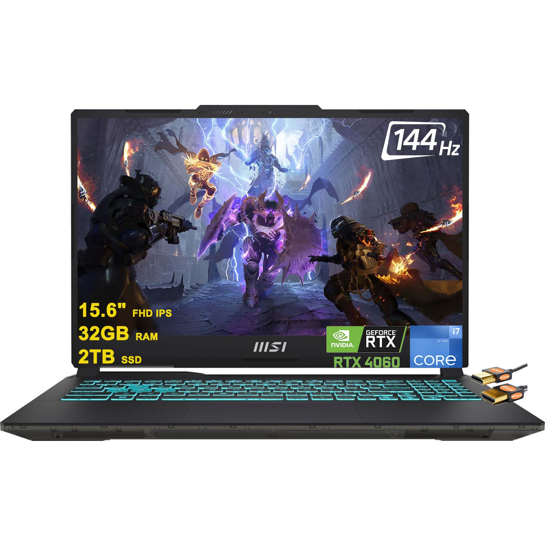 MSI Cyborg 15 Gaming Laptop 15.6" FHD IPS 144Hz Display 12th Gen Intel 10-core i7-12650H Processor 32GB RAM 2TB SSD GeForce RTX 4060 8GB Graphics Backlit Keyboard USB-C Win11 Black + HDMI Cable