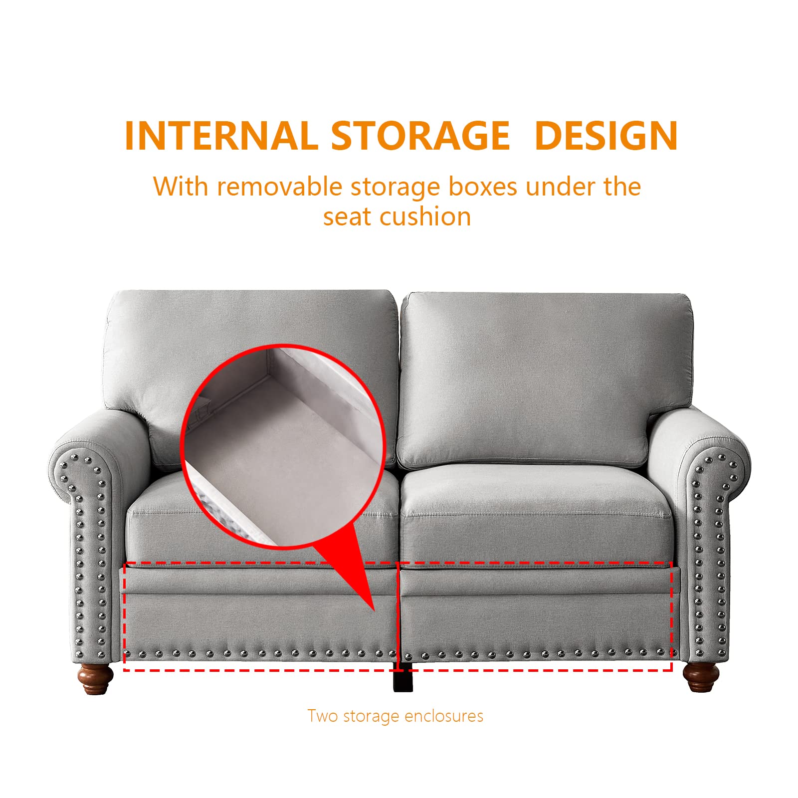 KoiHome 2+3 Sectional Storage, Sleeper Couch Chaise with Nail Decoration, Modern Upholstered Sofa with Seat Cushion and Wood Leg for Living Room,Bedroom,Office,Relax Lounge, Polyester, Grey