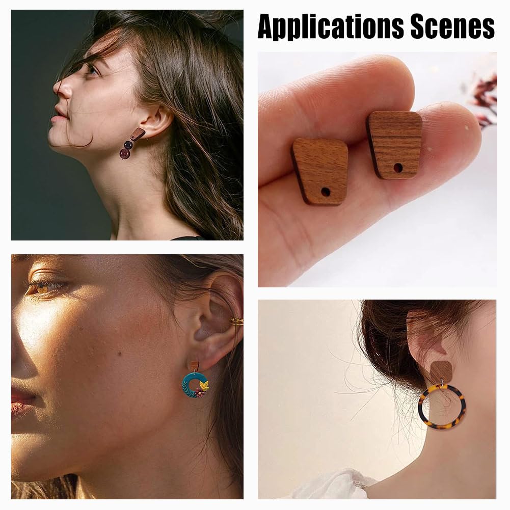arricraft 24 Pcs 6 Styles Wood Stud Earrings Posts with Loop, Natural Wooden Square/Flower/Rectangle/Arch Stud Earring Findings with 30Pcs Ear Nuts for Earring Jewelry Making
