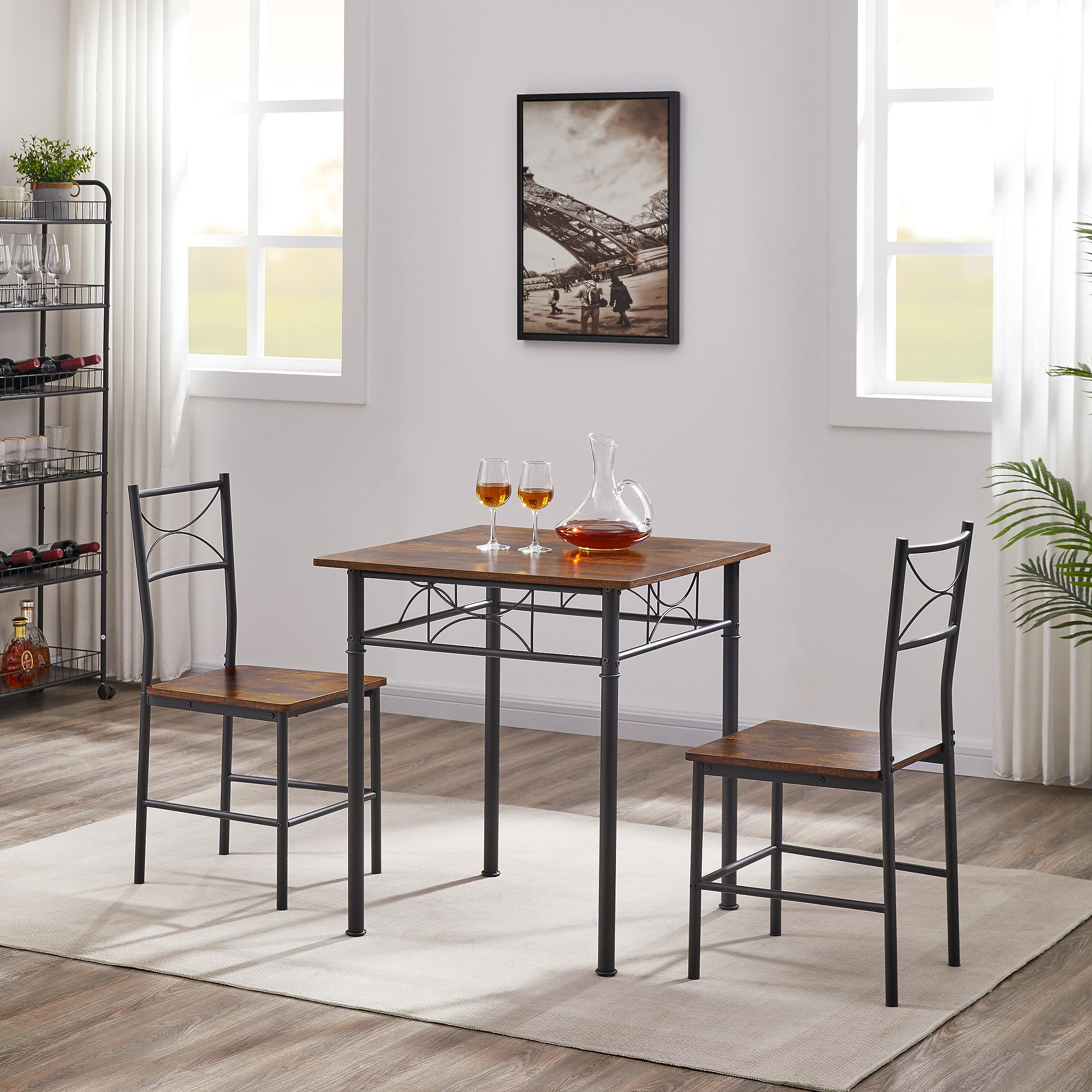 MEGOIVARTEN 3 Piece Small Square Dining Table Set for Kitchen Breakfast Nook, Pub Dining Set, Modern Square bar Table and Stools for 2, Wood Grain Tabletop for Compact Space w/Steel Frame