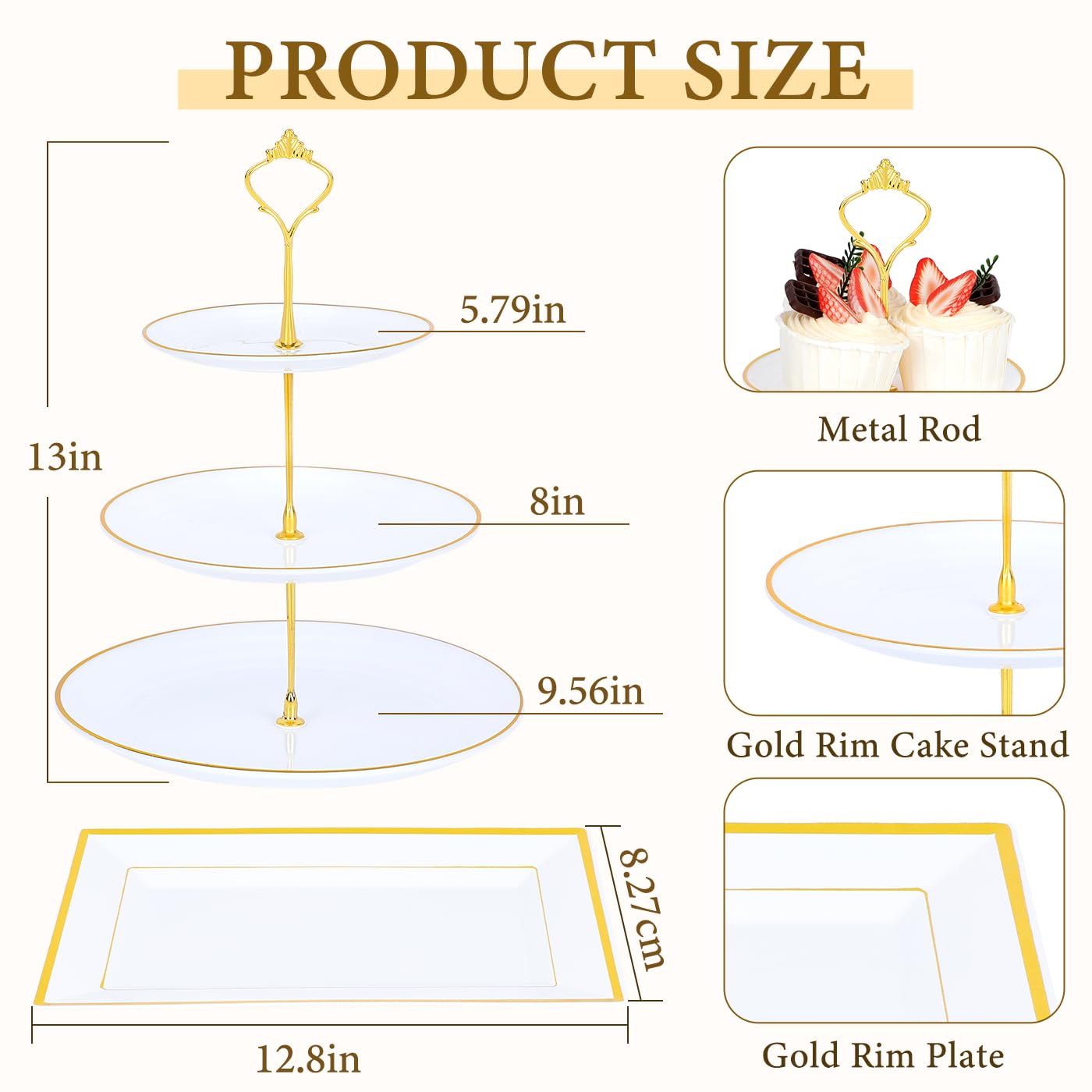 8PCS Cake Stand Set, Plastic Cupcake Stands with Gold Rim, 2PCS 3-Tired Cupcake Stands with 6PCS Serving Trays, Dessert Display Stands Set for Wedding Birthday Party Baby Shower,Tea Party Decorations