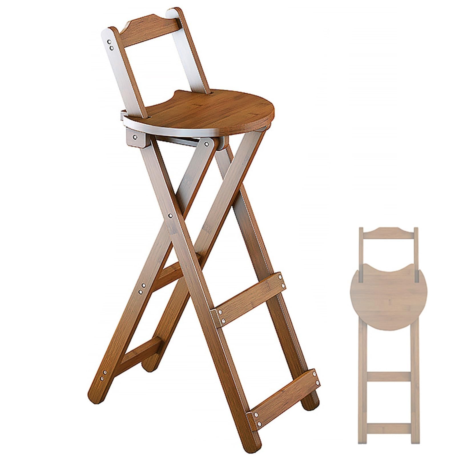29 inch Breakfast Folding Bar Stool, Bamboo Kitchen Stool with Backrest & Footrest, Portable High Chair for Home Garden Indoor Outdoor, 74cm Seat Height(Brown)