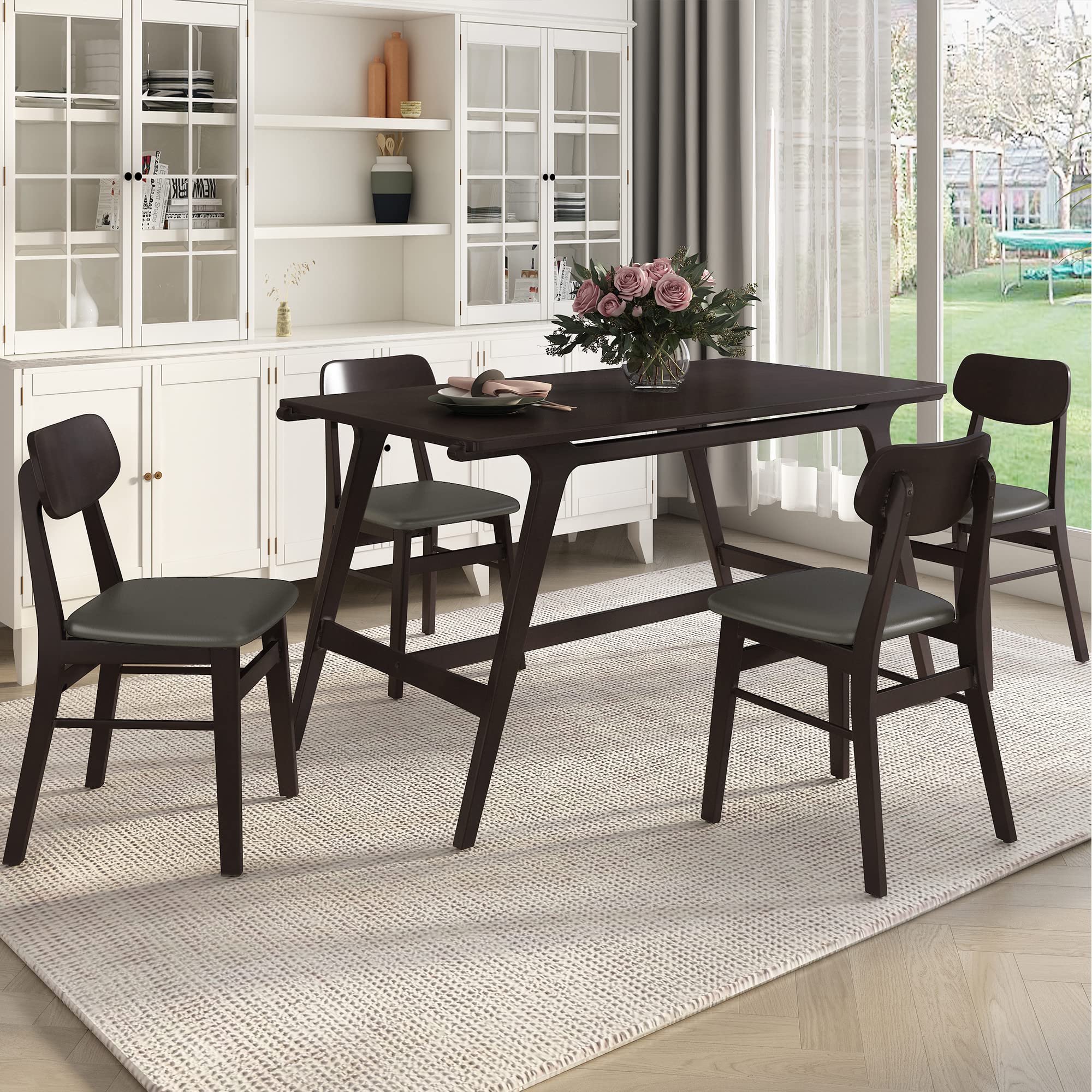 KoiHome 5-Piece Mid-Century Style Set Faux Leather, Seats up to 4, Wooden Table/Chair Frame for Dining Room, Restaurant, Kitchen (Wenge)