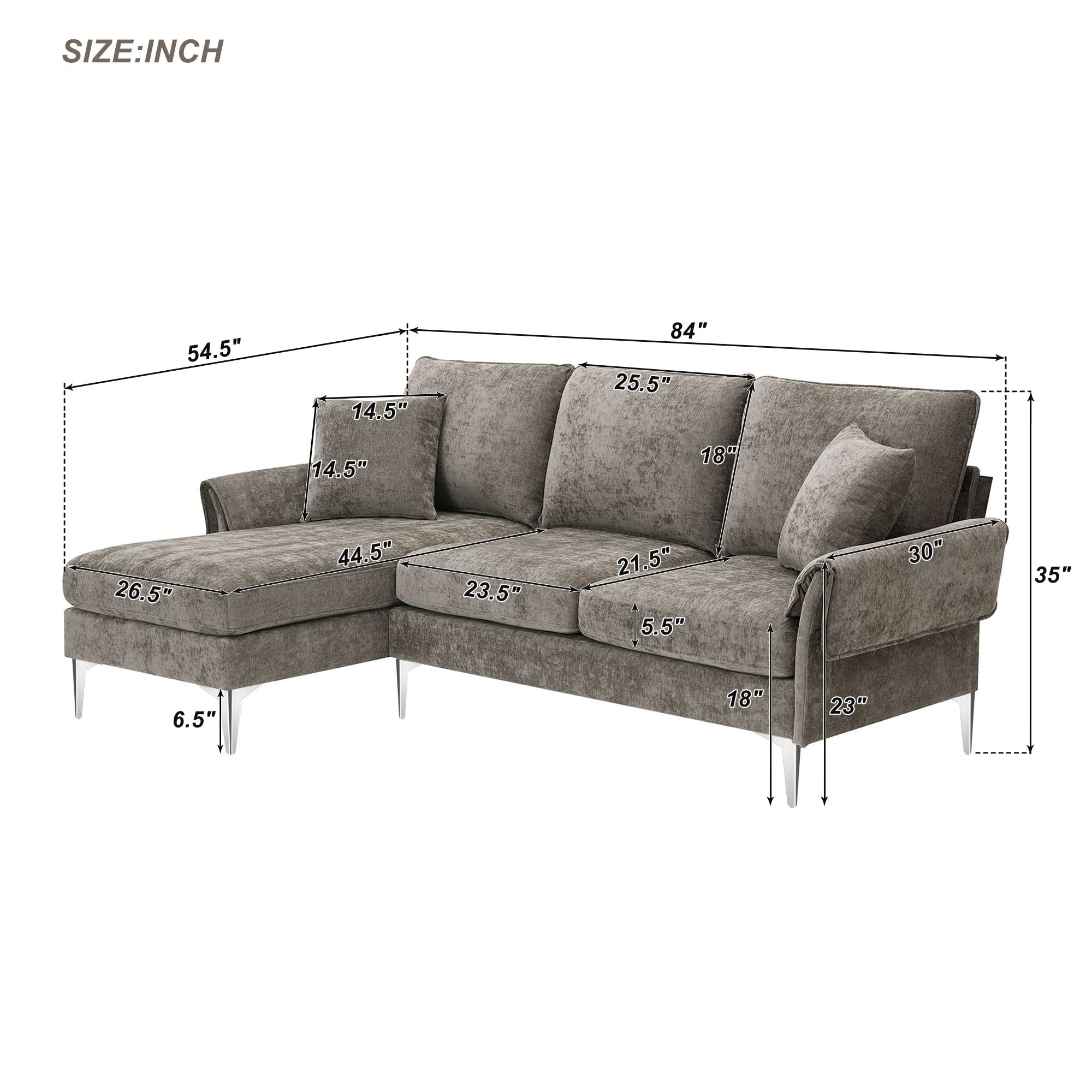 YuiHome 84" Convertible Sectional, Modern Chenille L-Shaped Sofa Couch with Reversible Chaise Lounge, Fit for Living Room, Apartment,2 Pillows,Espresso
