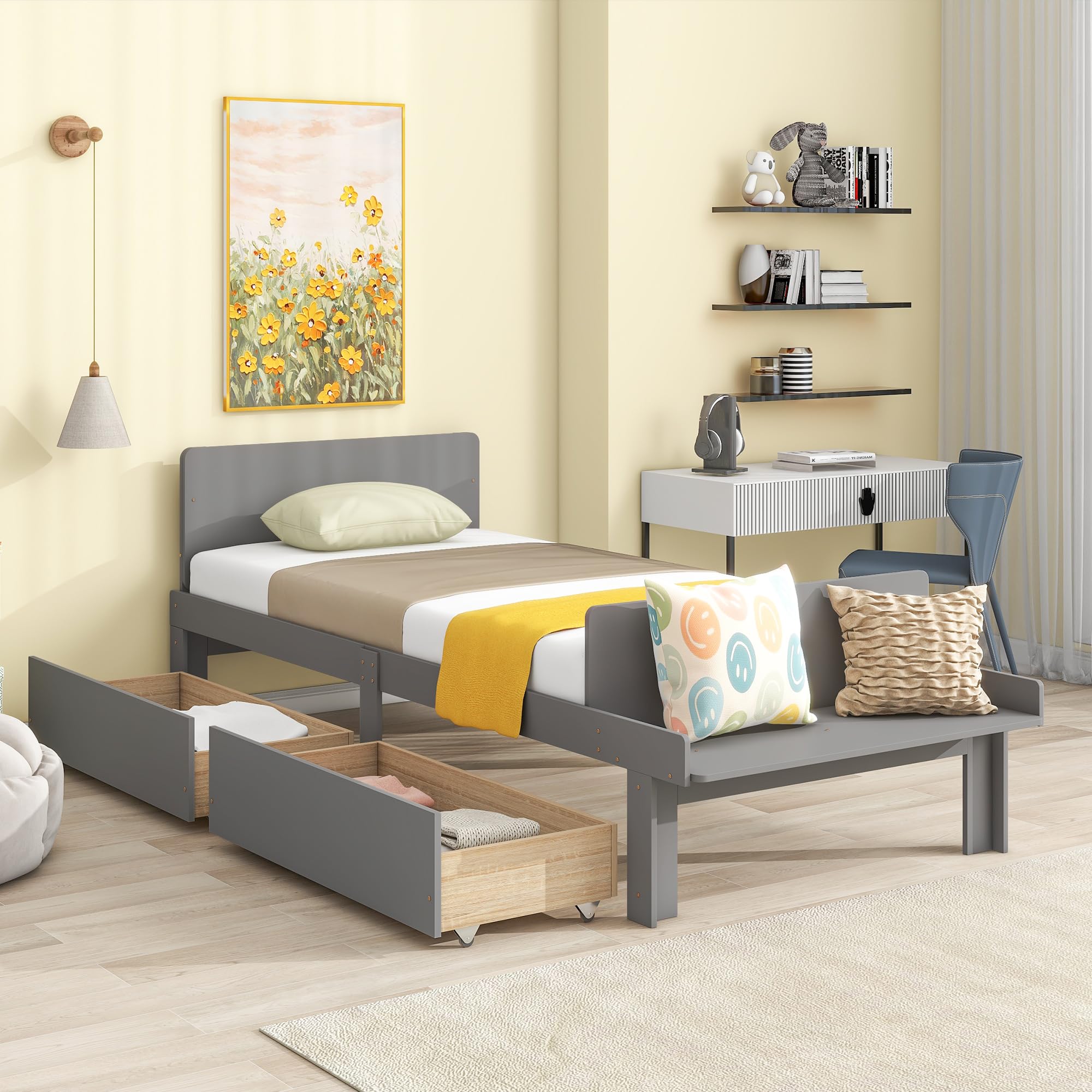 Twin Bed Frame, Wood Platform Bed with Storage, Twin Size Bed Frames with Wood Slat Support for Kids, No Box Spring Needed, Gray
