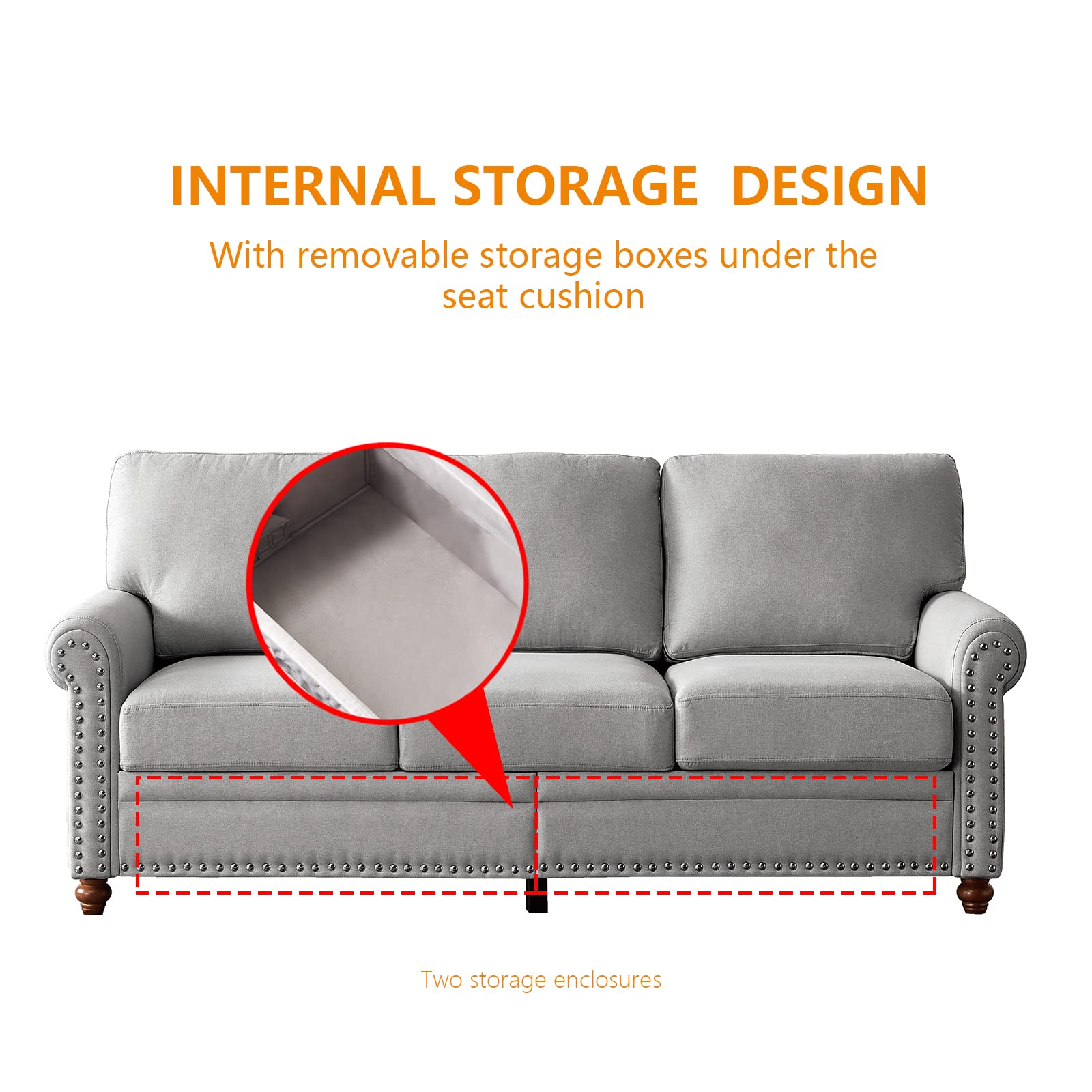 KoiHome 2+3 Sectional Storage, Sleeper Couch Chaise with Nail Decoration, Modern Upholstered Sofa with Seat Cushion and Wood Leg for Living Room,Bedroom,Office,Relax Lounge, Polyester, Grey
