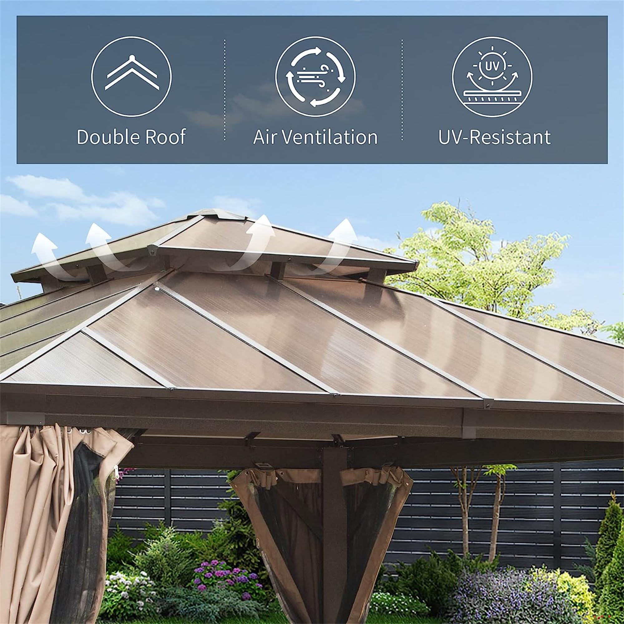 DHPM 12'x12' Hardtop Gazebo, Outdoor Polycarbonate Double Roof Canopy, Aluminum Frame Permanent Pavilion with Curtains and Netting, Sunshade for Garden, Patio, Lawns