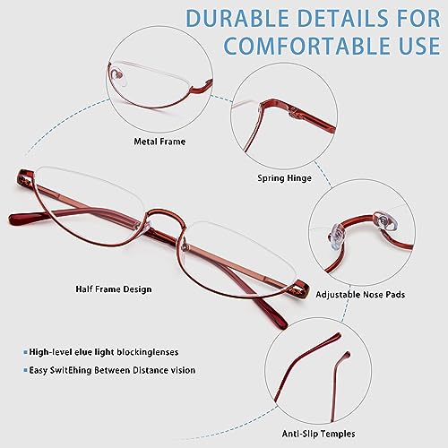KoKoBin Half Reading Glasses for Men Women,Half Moon Metal Frame Lens Spring Hinge Readers, Purple+Red 3.00