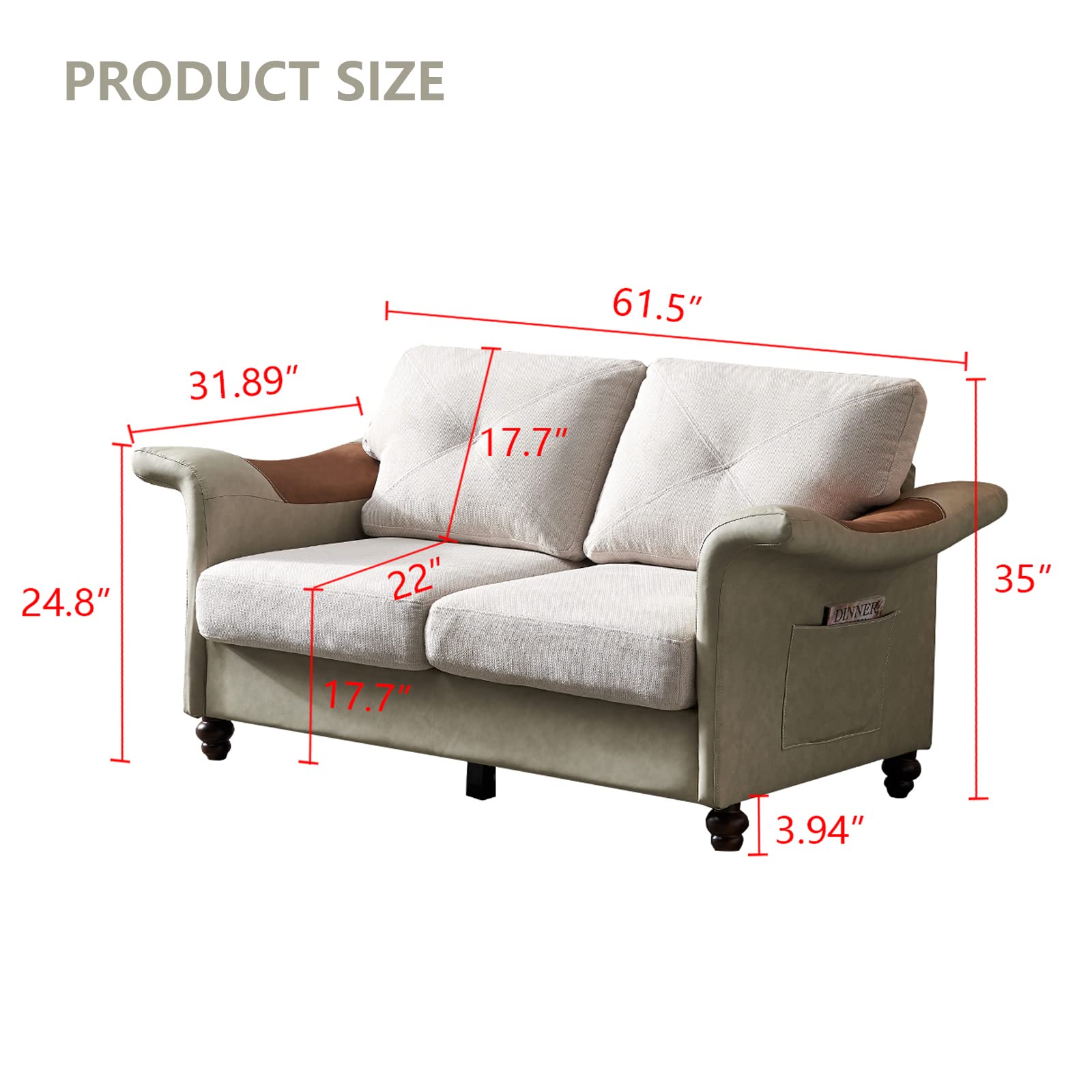 KoiHome Upholstered Loveseat Couch with Side Pockets and Storage Space Under Seat, 61.5" 2-Seater Linen Fabric Faux Leather Sofa Chaise with Curved Arms for Living Room,Bedroom,Office, Wood Leg, Beige