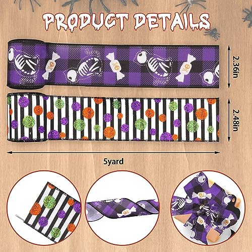 Threetols 2 Rolls 10 Yards Halloween Wired Edge Ribbon, 2.5inch Black Purple Buffalo Plaid Ribbon, Candy Skull Black White Stripe Glitter Dot Ribbon for Halloween Party DIY Craft Wreath Decor
