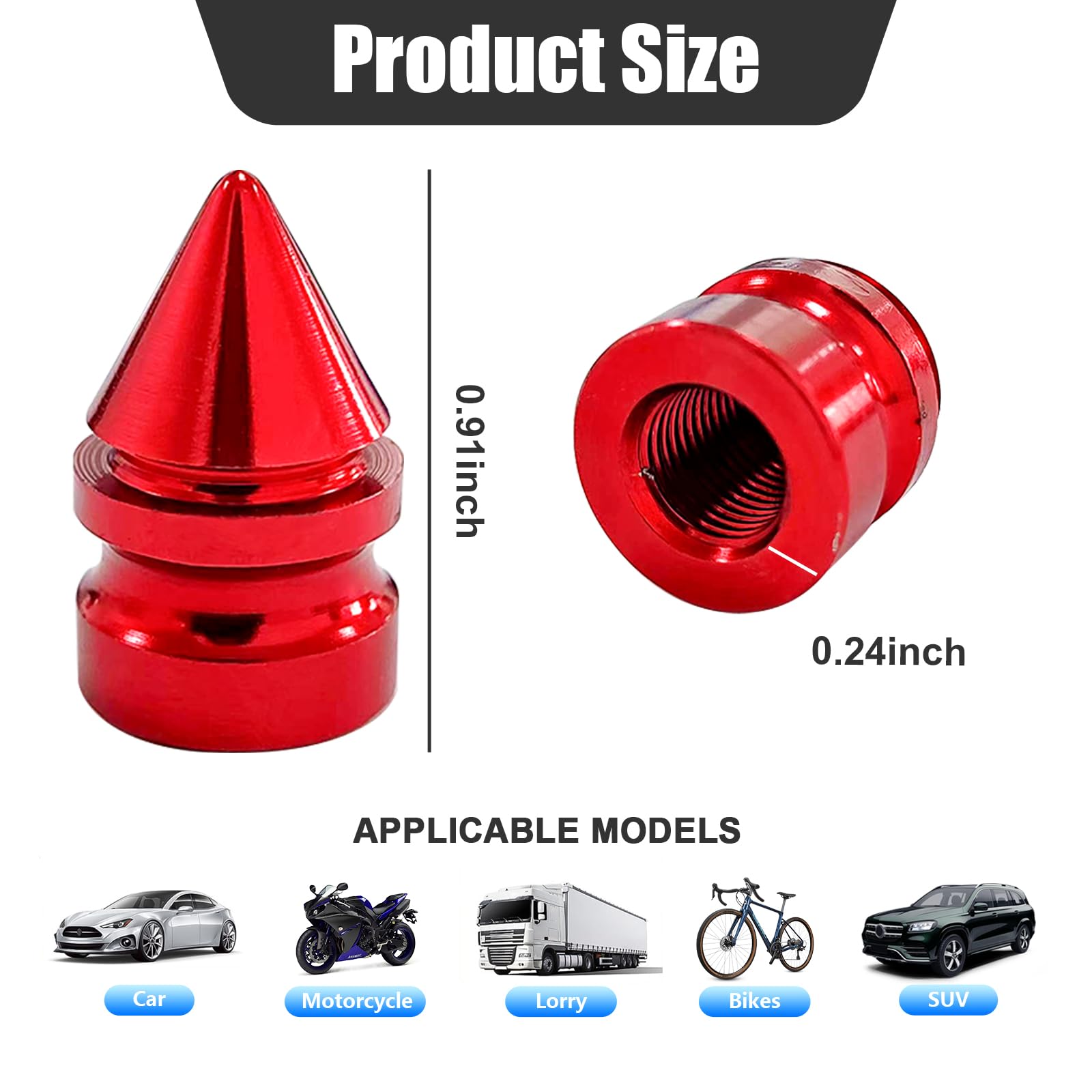 Ziciner 4 PCS Car Tire Valve Caps, Spiked Aluminum Alloy Tire Trim Accessories, Dustproof Tire Wheel Stem Covers, Universal Air Stem Cap for Auto, Trucks, SUVs, Bicycles and Motorcycles (Red)
