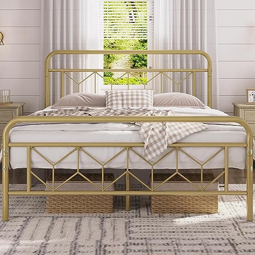 Yaheetech Metal Platform Bed Frame Mattress Foundation with Diamond Pattern Headboard/Footboard/Heavy Duty Steel Slat Support/Under Bed Storage/No Box Spring Needed/Full Size Antique Gold