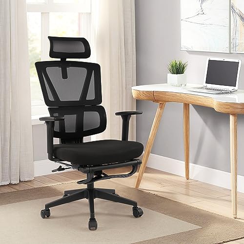 LSSBOUGHT Ergonomic Mesh Office Chair with Lumbar Support Adjustable Footrest Headrest, Mid Back Executive Swivel Desk Chair with Armrest for Home Office Work, Black