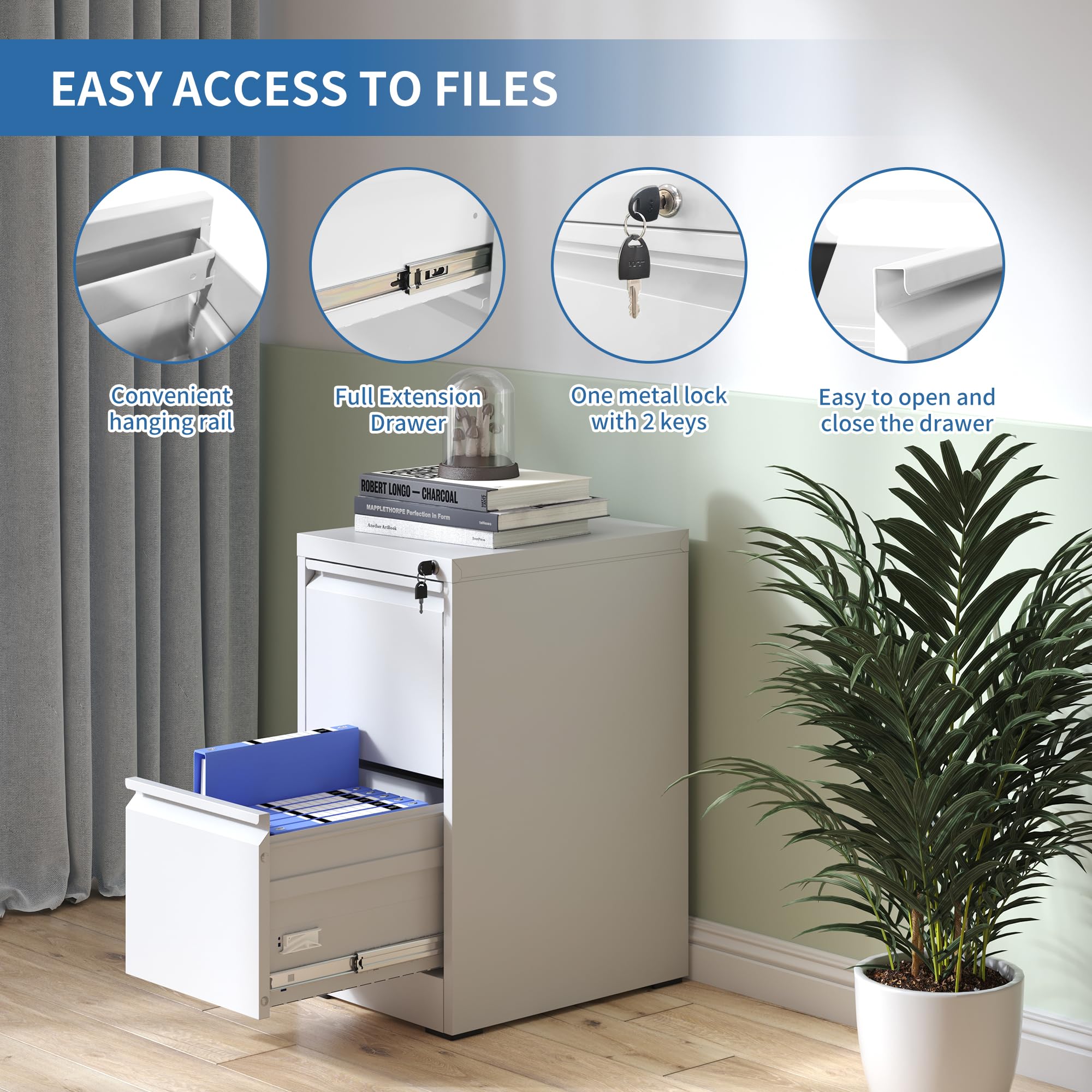 BIZOEIRON 2 Drawer File Cabinet and 2 Drawer File Cabinet with Lock, White